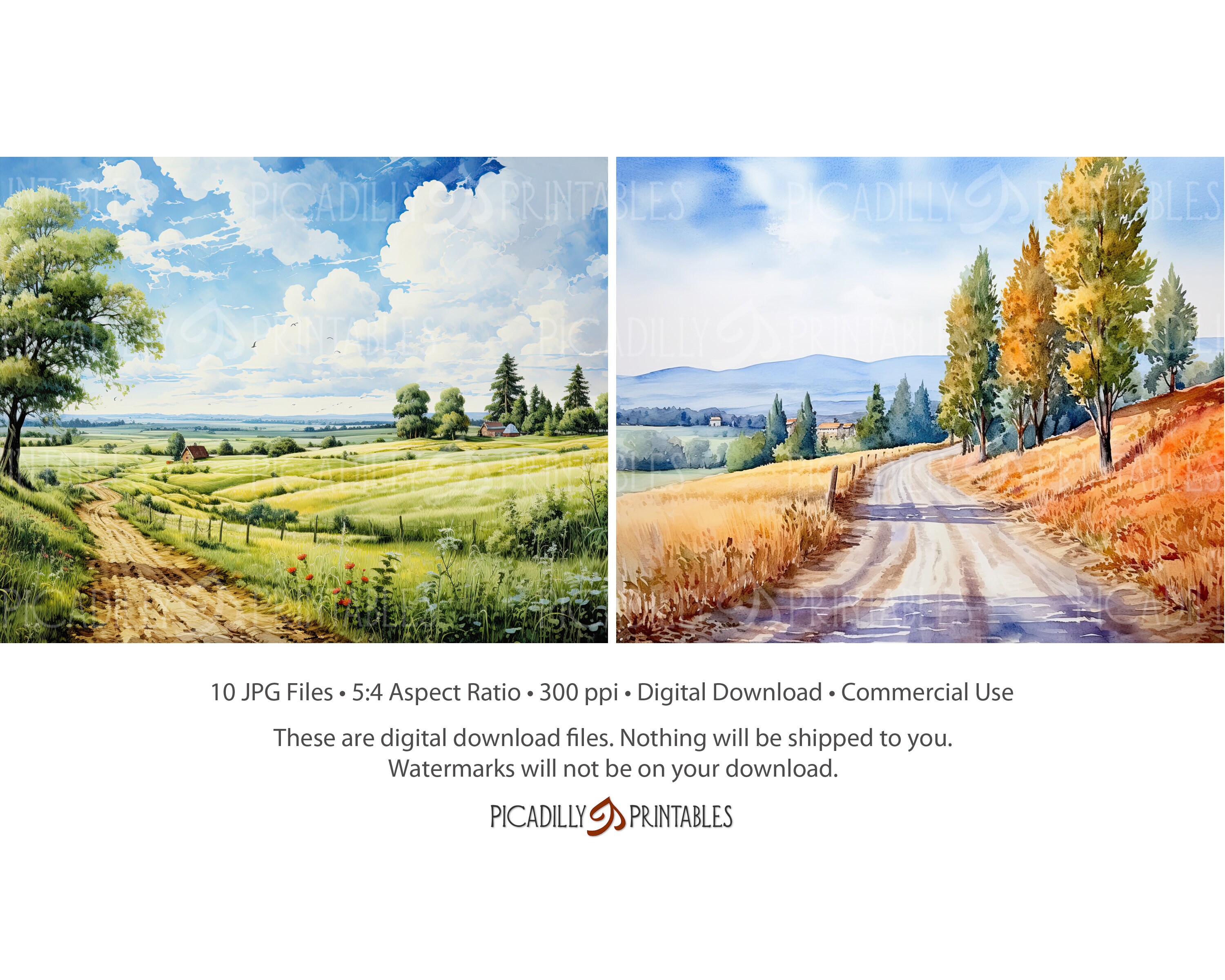 Country Roads 4 - Watercolor Dirt Road Backgrounds for Scrapbooking, Journals, Collages - 10 JPG ...