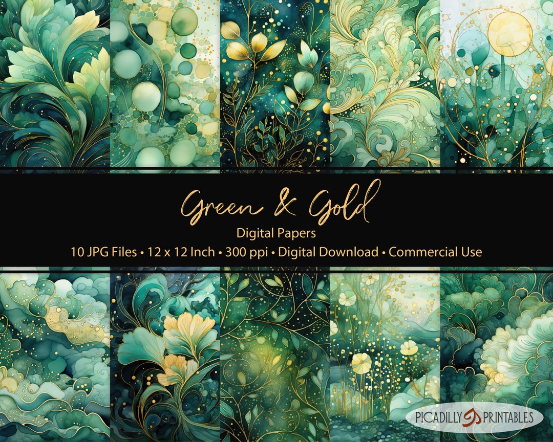 Green & Gold Digital Papers - Background Images for Scrapbooking, Card ...