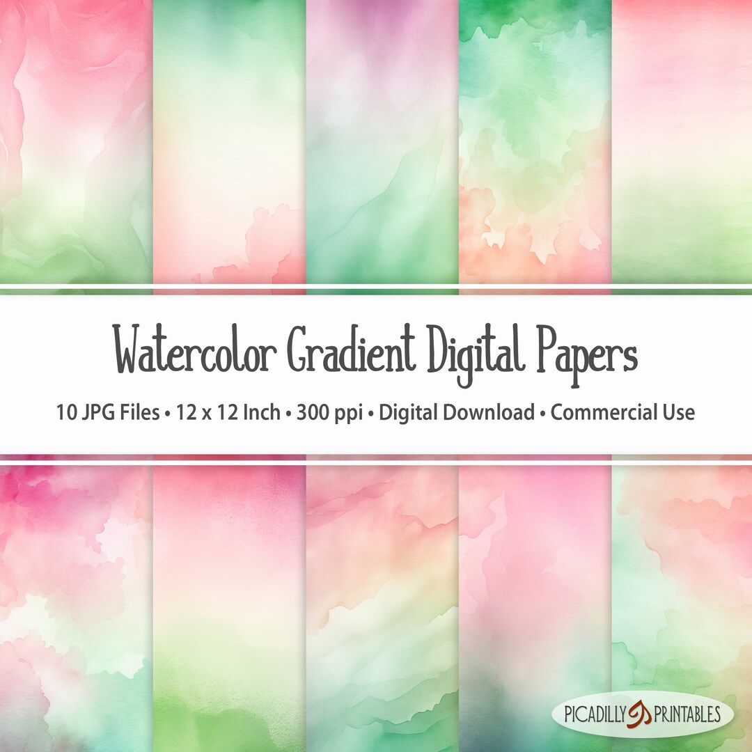 Pink & Green Gradient Watercolor Digital Papers Backgrounds - 10 JPG ...