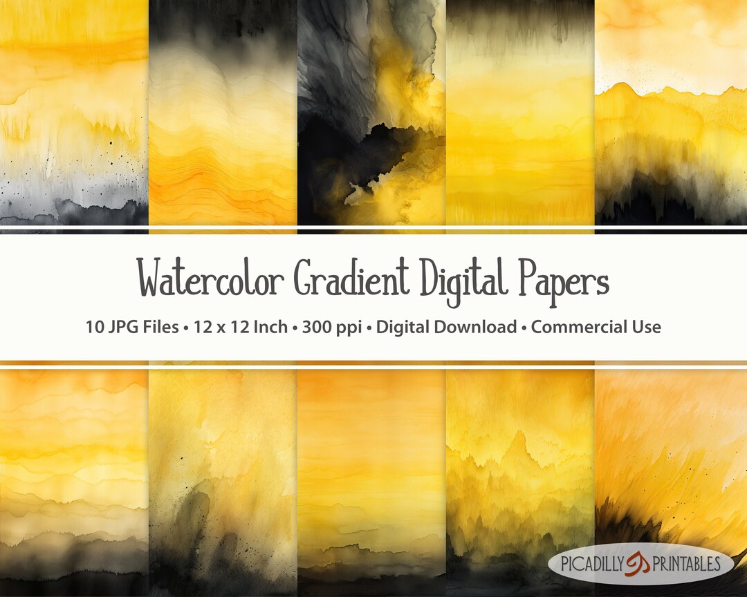 Yellow & Black Gradient Watercolor Digital Papers Backgrounds - 10 JPG ...