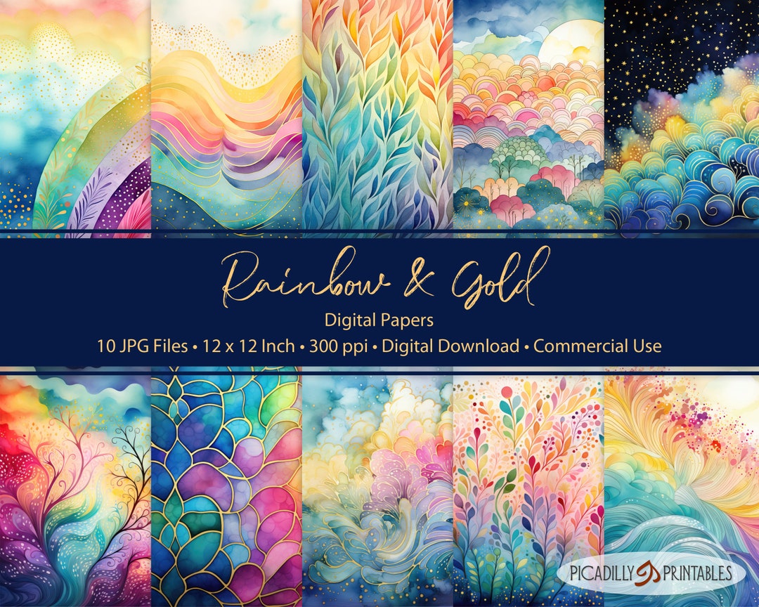 Rainbow & Gold Digital Papers - Colorful Background Images for ...
