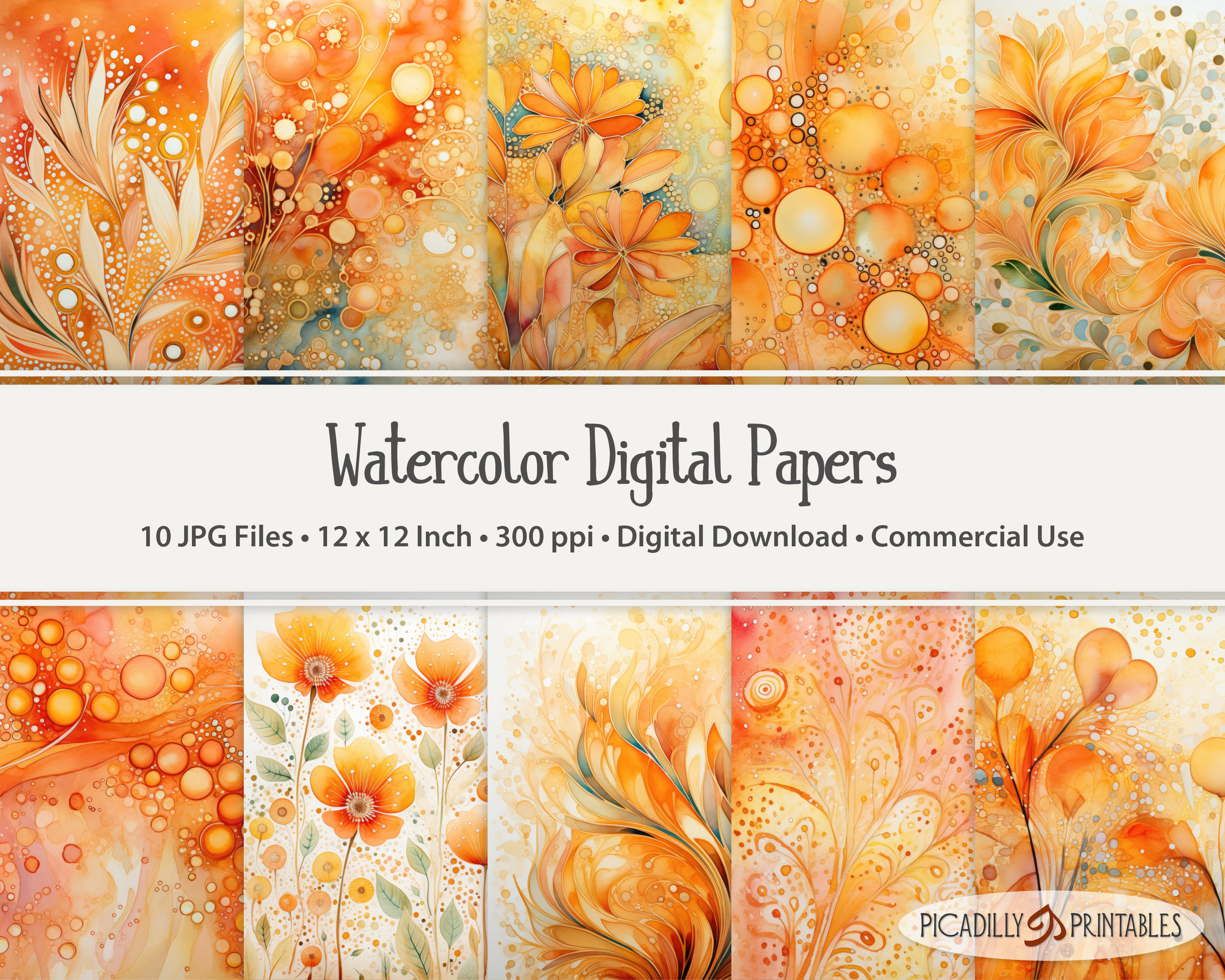 Orange Digital Papers 2 Watercolor Backgrounds for Scrapbooking, Card ...