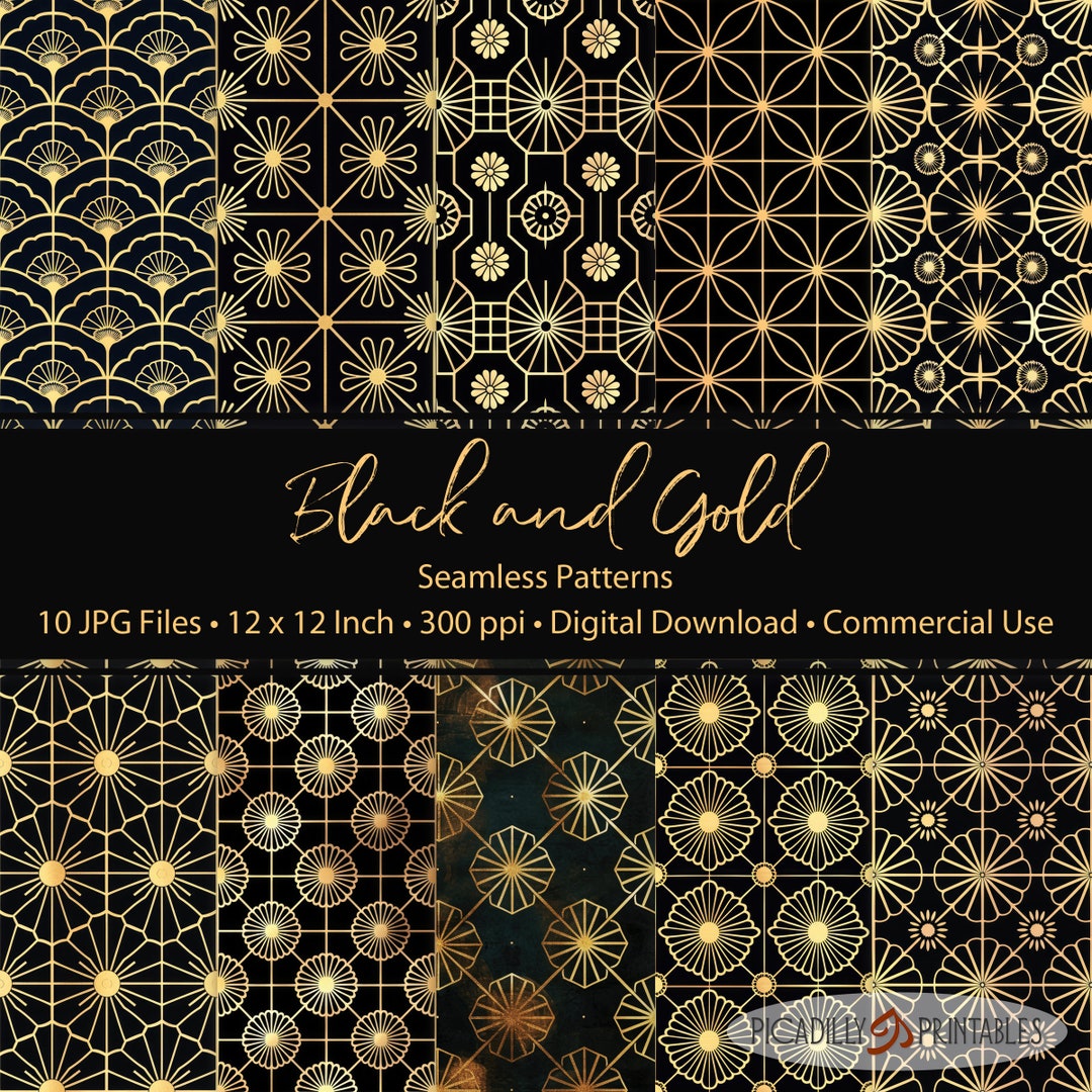 Black & Gold Seamless Patterns Japanese Inspired Background Patterns 10 JPG Files 300 PPI 12x12 ...