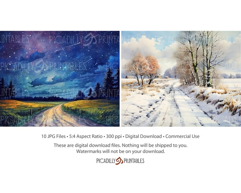 Country Roads 4 - Watercolor Dirt Road Backgrounds for Scrapbooking, Journals, Collages - 10 JPG ...