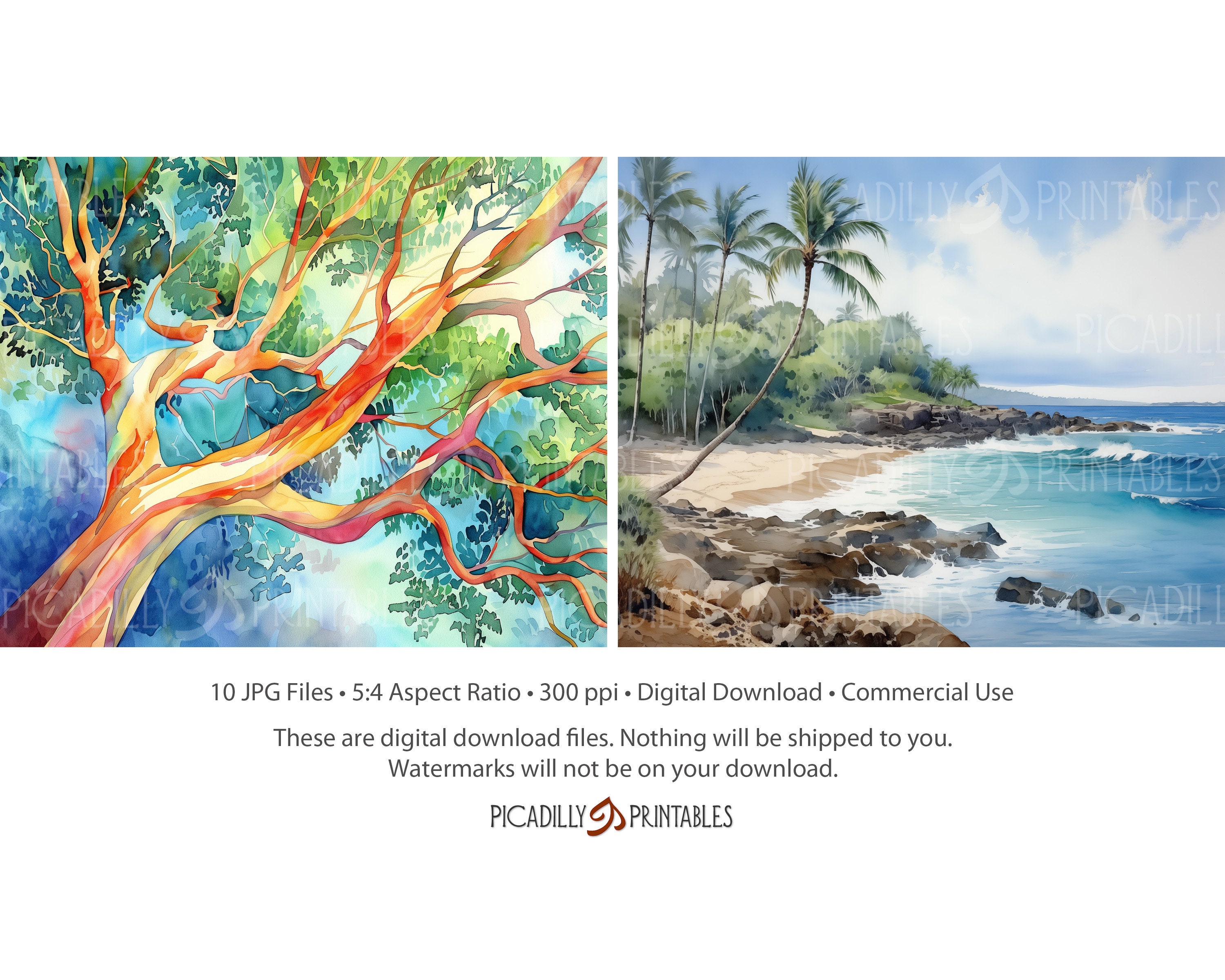 Hawaii - 10 Watercolor Tropical Paradise Backgrounds - 5:4 AR ...