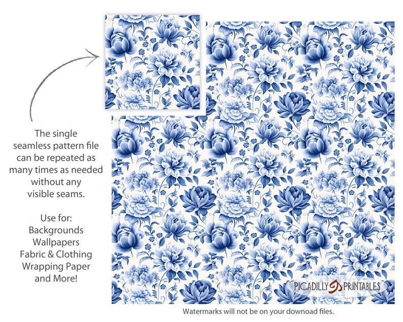 Delft Style Floral Seamless Patterns - Blue & White Flower Backgrounds ...