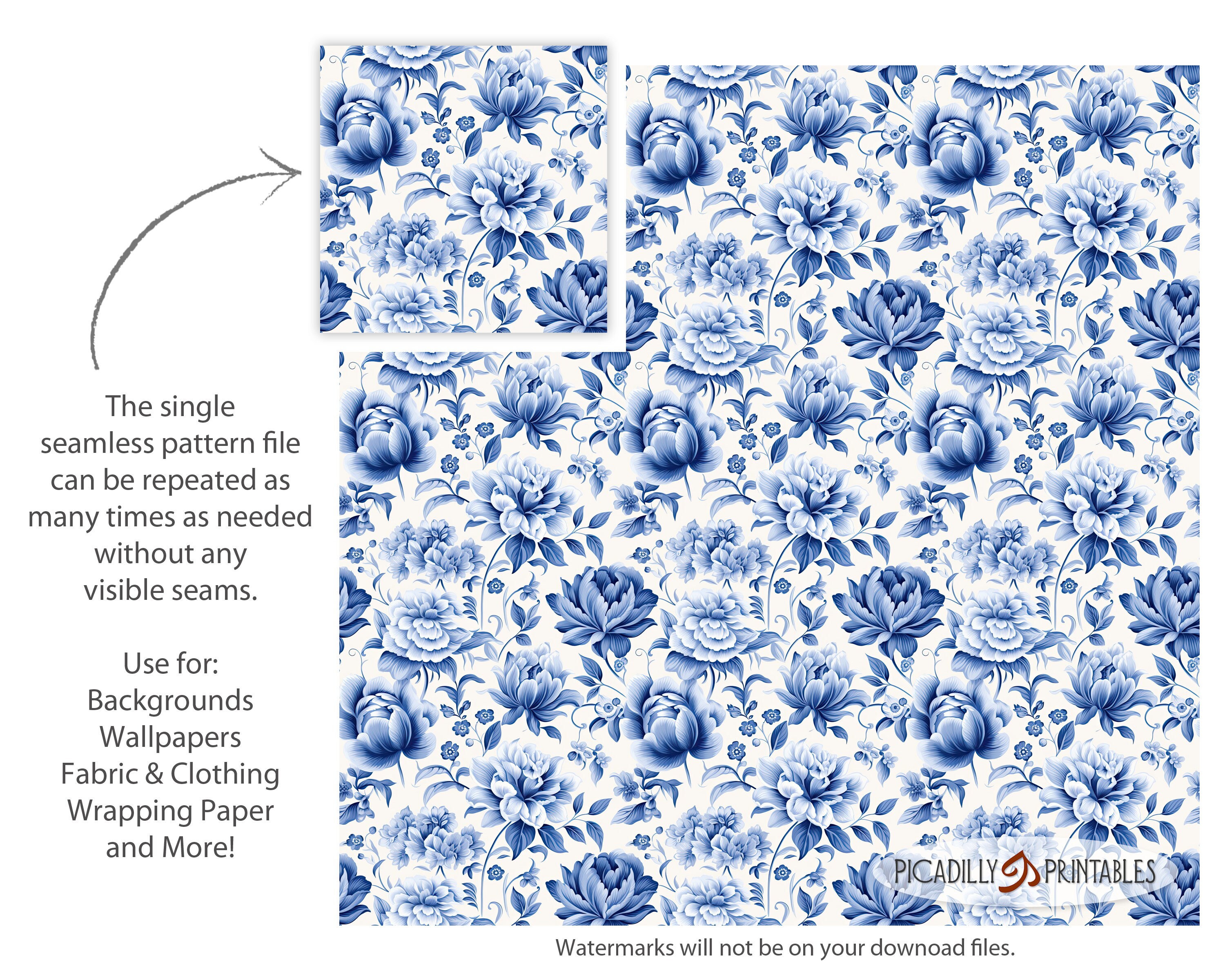 Delft Style Floral Seamless Patterns - Blue & White Flower Backgrounds ...