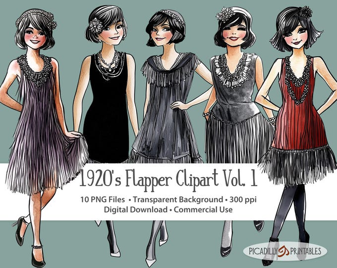 8 1920s Flapper Fashion, Clip Art, Printable Clipart, Jpg, Digital ...