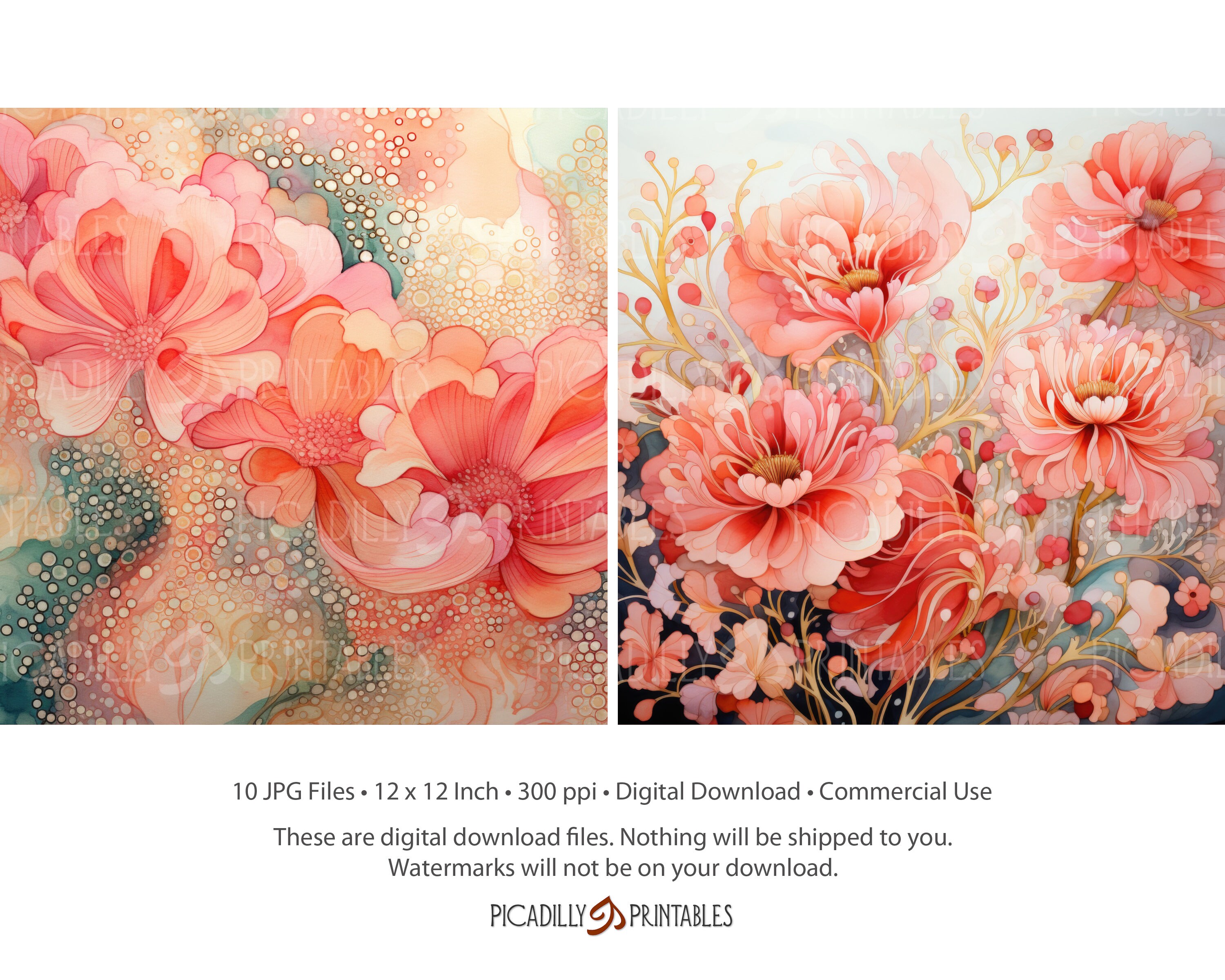Coral Digital Papers Watercolor Backgrounds for Scrapbooking, Card ...