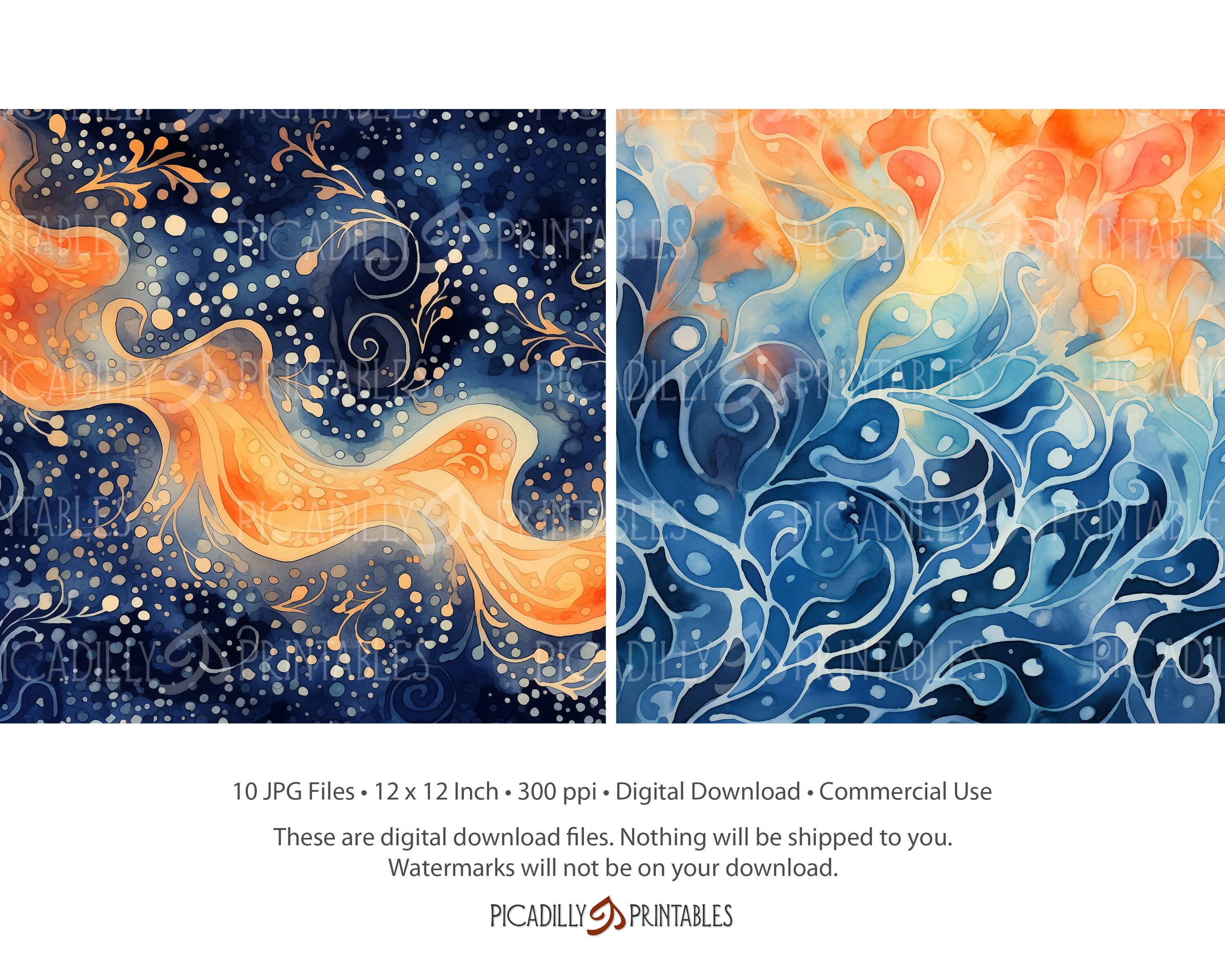 Navy Blue & Orange Digital Papers - Watercolor Backgrounds - 10 JPG ...
