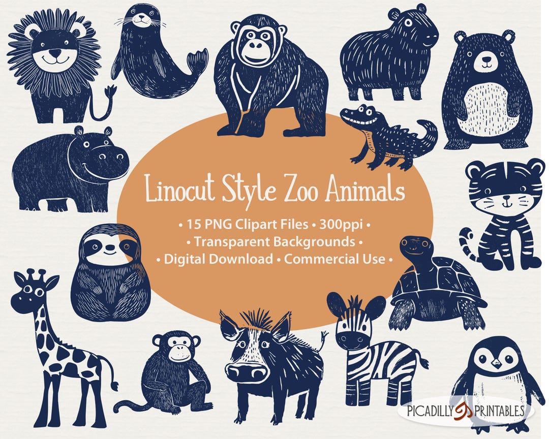 Zoo Animals Clip Art - Linocut Style - 15 PNG Files With Transparent ...