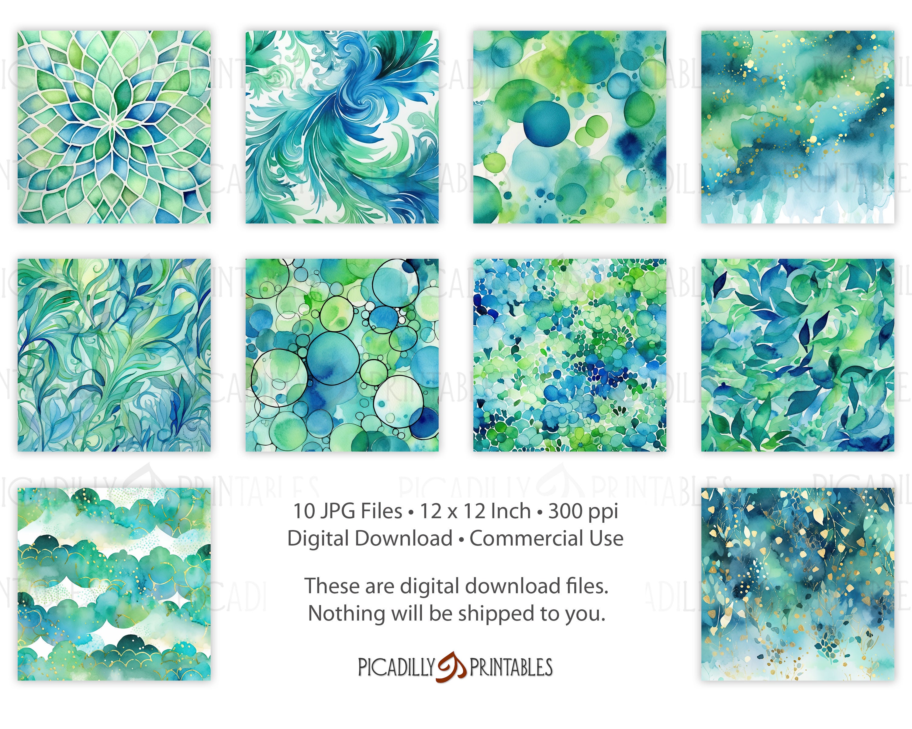 Blue & Green Digital Papers II - Watercolor Backgrounds for ...