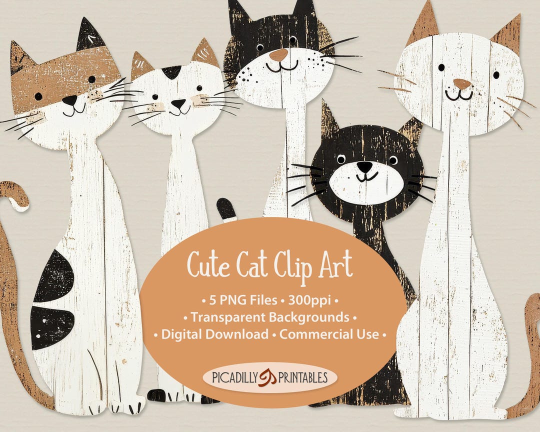 Cute Cats Clip Art - 5 PNG Files - Transparent Backgrounds - 300 PPI ...