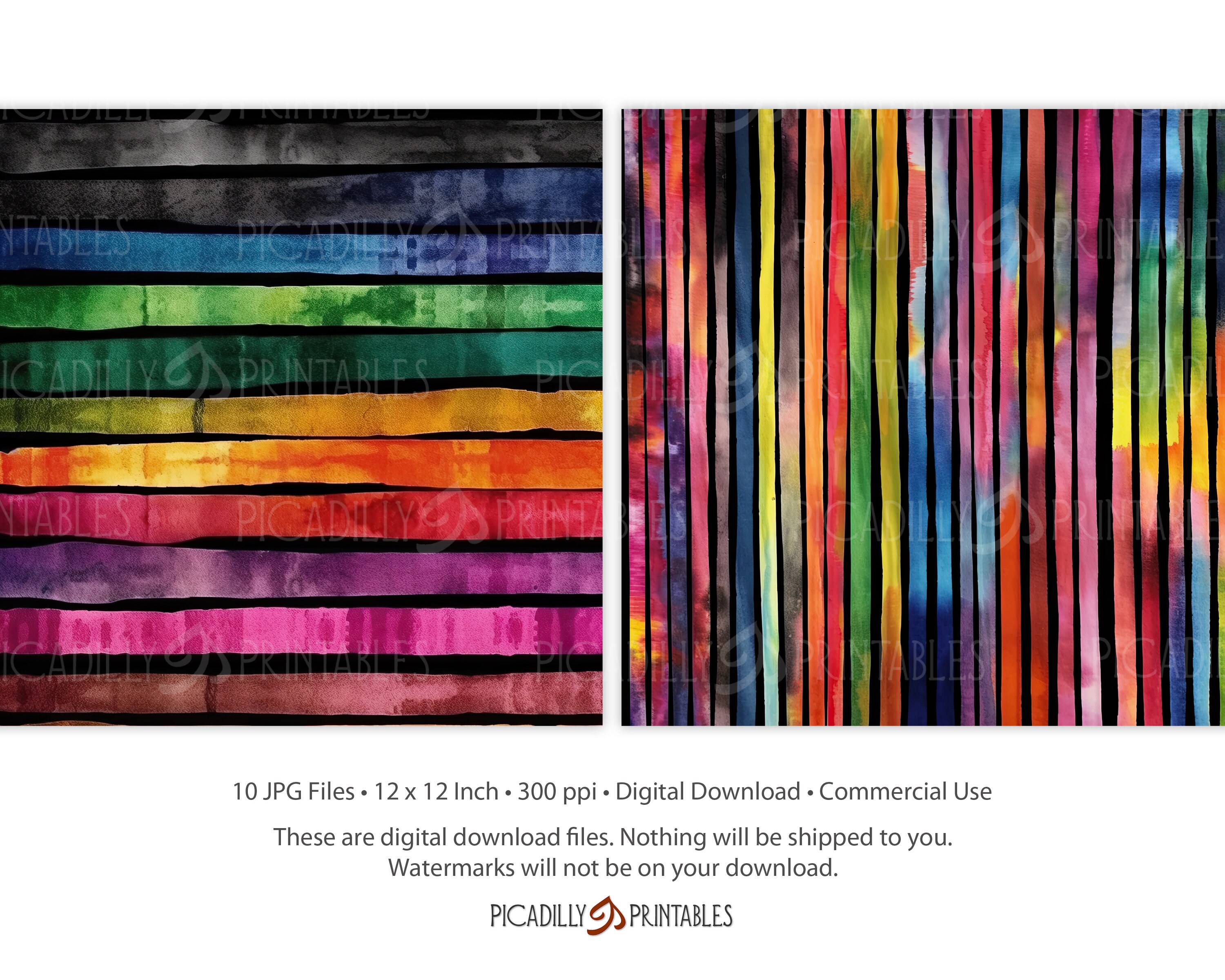 Rainbow Striped Digital Papers - Watercolor Background Images - 10 JPG ...