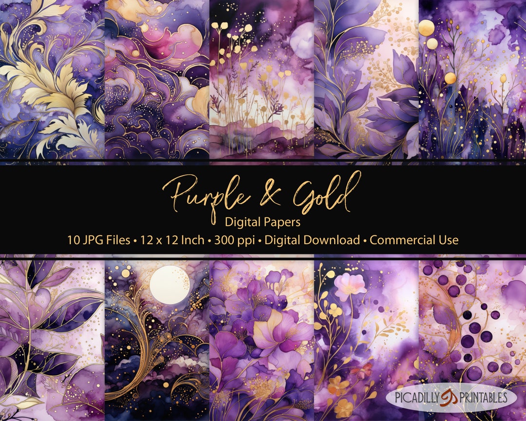 Purple & Gold Digital Papers - Backgrounds for Scrapbooking, Card ...