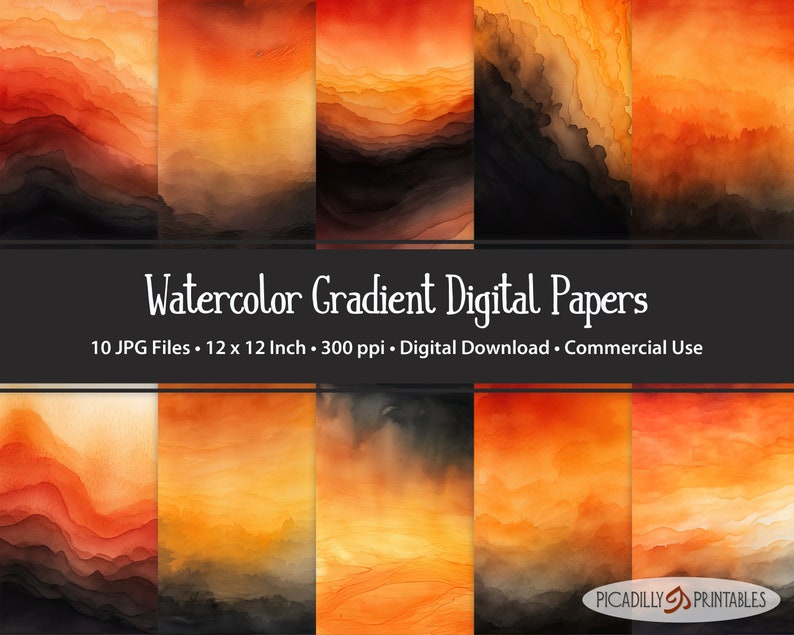 Orange & Black Gradient Watercolor Digital Papers Backgrounds 10 JPG ...