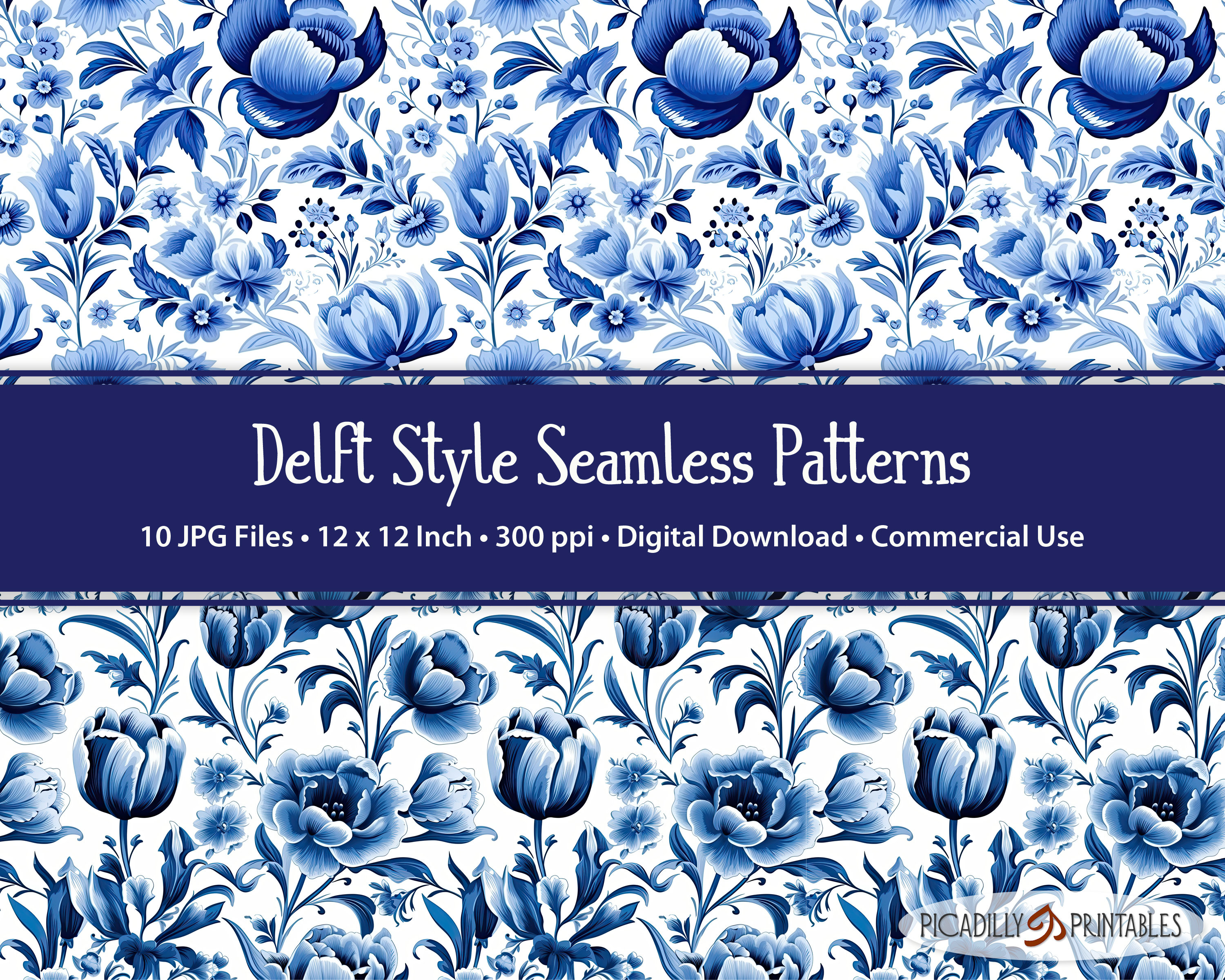 Delft Style Floral Seamless Patterns - Blue & White Flower Backgrounds ...