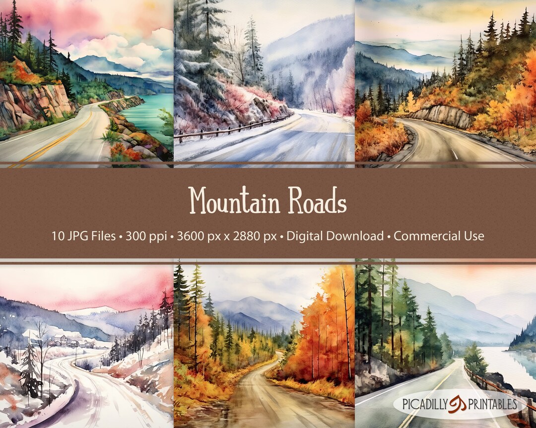 Mountain Roads - Watercolor Dirt Road Backgrounds for Scrapbooking, Journals, Collages - 10 JPG ...
