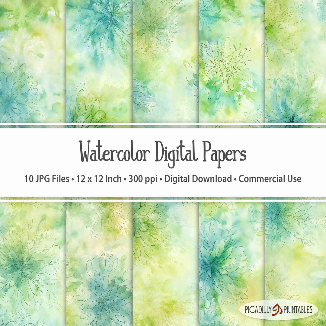 Bright Blue & Green Floral Digital Papers Watercolor Flower Backgrounds ...