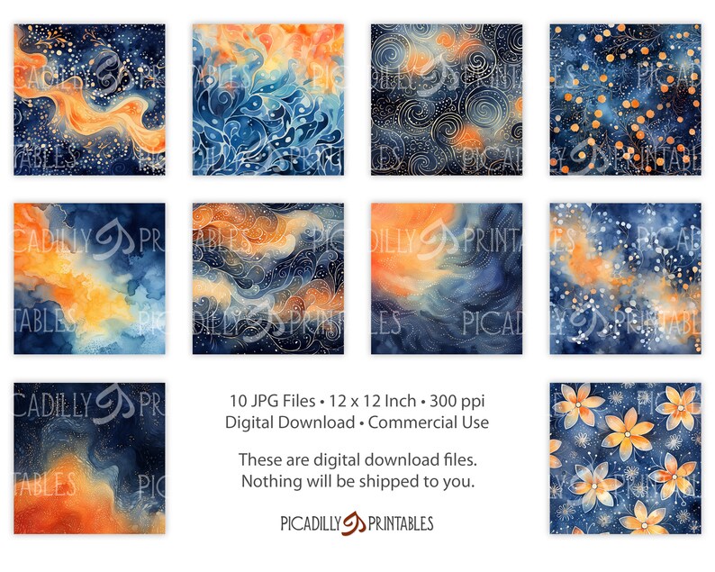 Navy Blue & Orange Digital Papers - Watercolor Backgrounds - 10 JPG ...