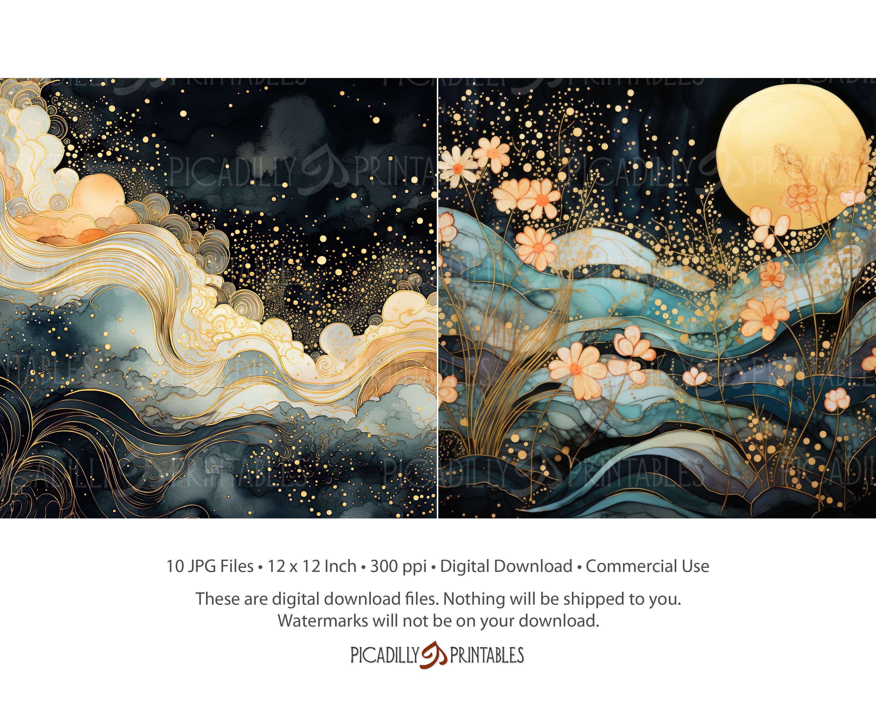 Black & Gold Digital Papers - Watercolor Background Images for ...