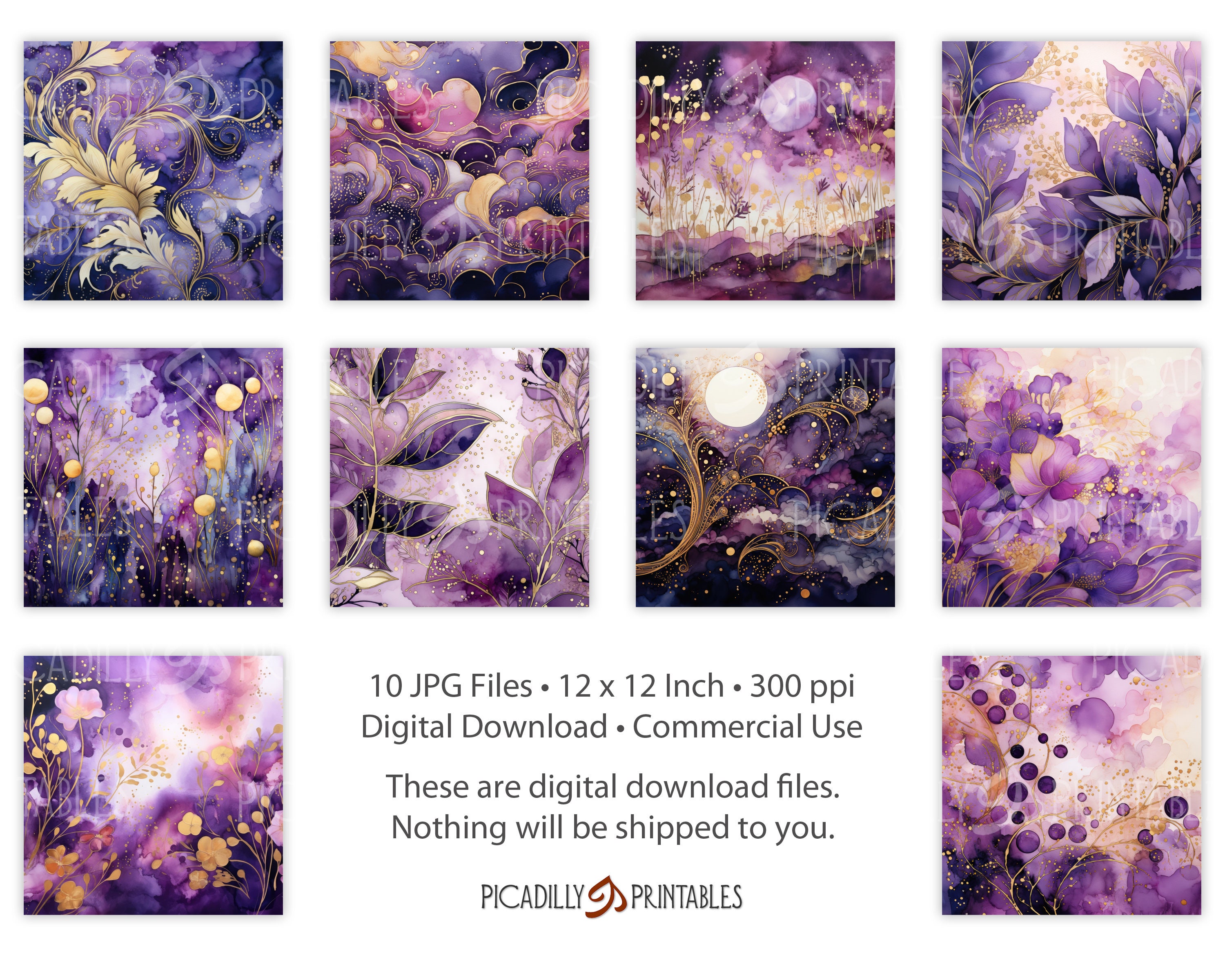 Purple & Gold Digital Papers Backgrounds for Scrapbooking, Card Making ...