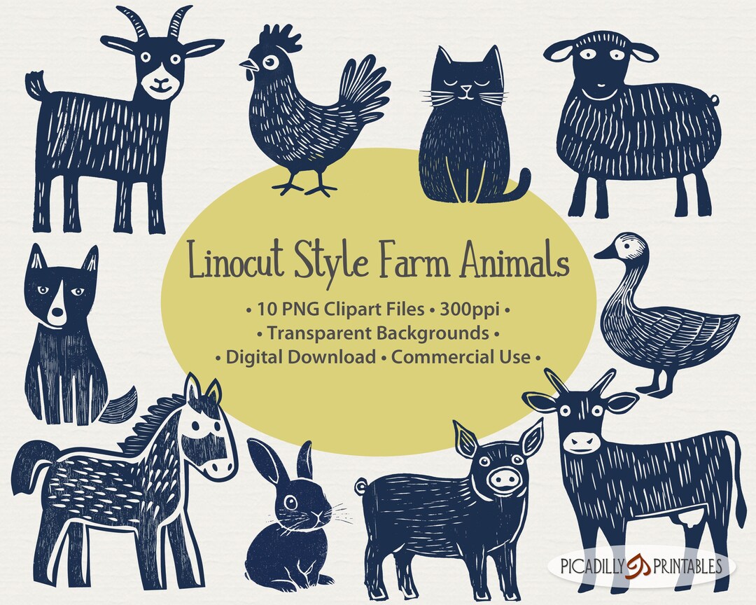Farm Animals Clip Art - Linocut Style - 10 PNG Files With Transparent ...