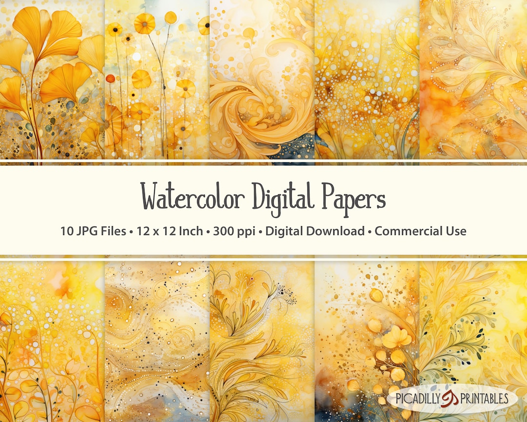 Yellow Digital Papers 2 - Watercolor Backgrounds for Scrapbooking, Card ...