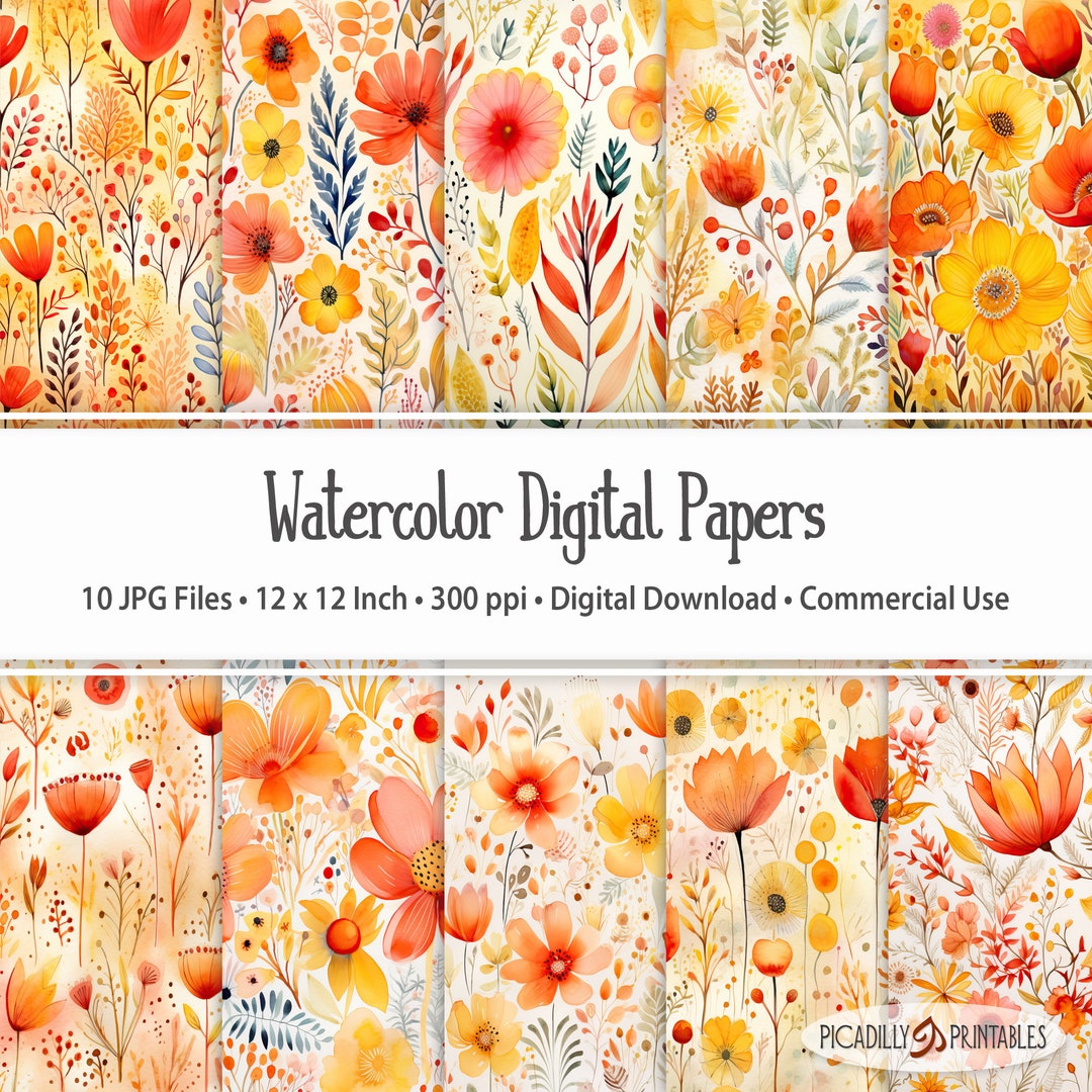 Red Yellow and Orange Floral Backgrounds Watercolor Digital Papers - 10 ...