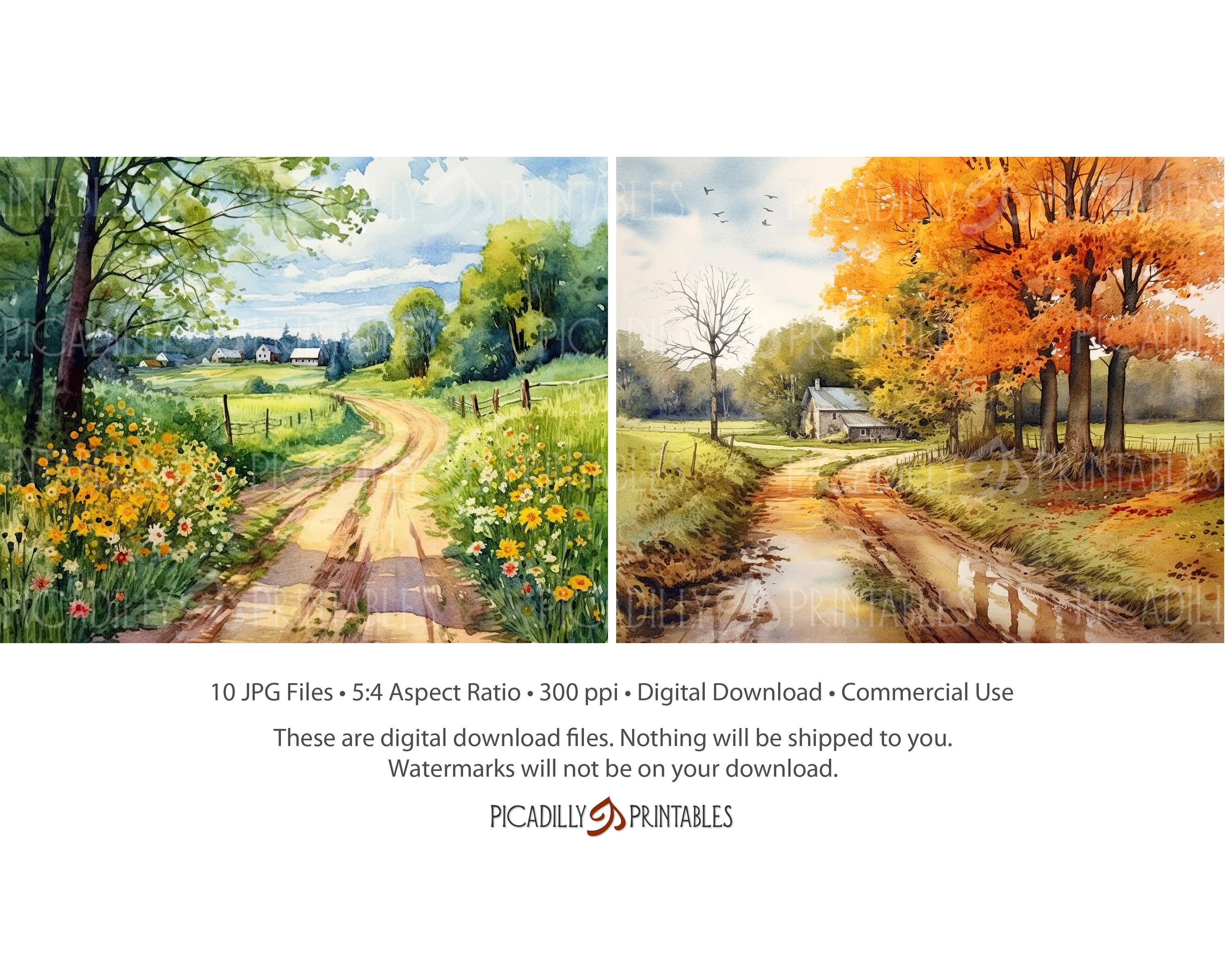 Country Roads 4 - Watercolor Dirt Road Backgrounds for Scrapbooking, Journals, Collages - 10 JPG ...