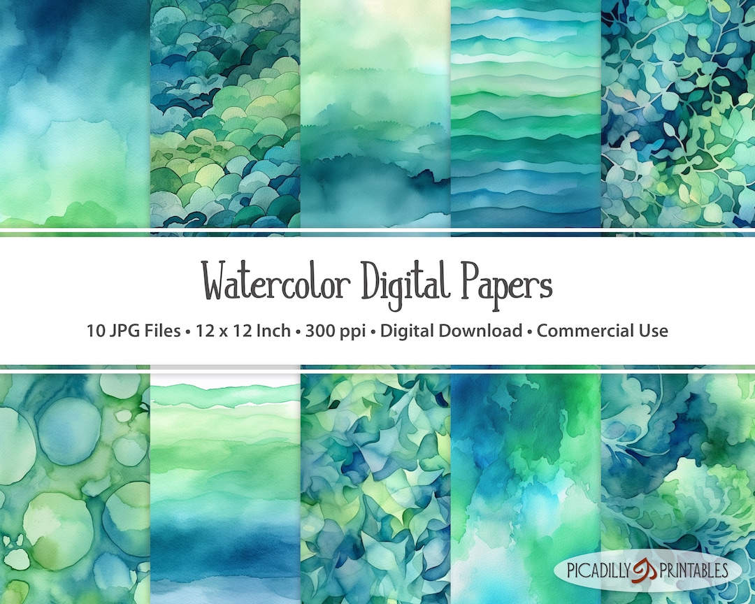 Blue & Green Digital Papers - Watercolor Background Images for ...
