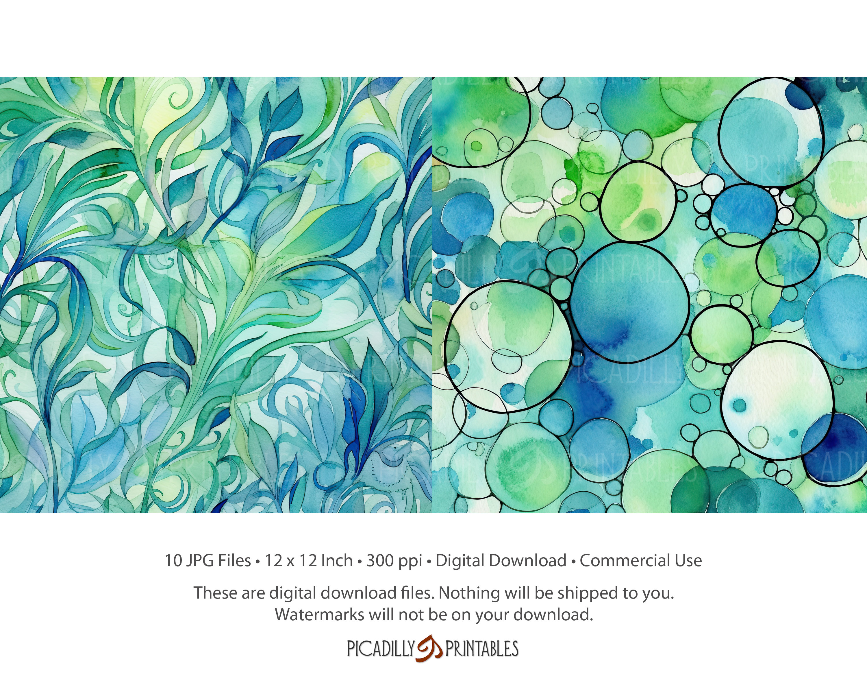 Blue & Green Digital Papers II - Watercolor Backgrounds for ...