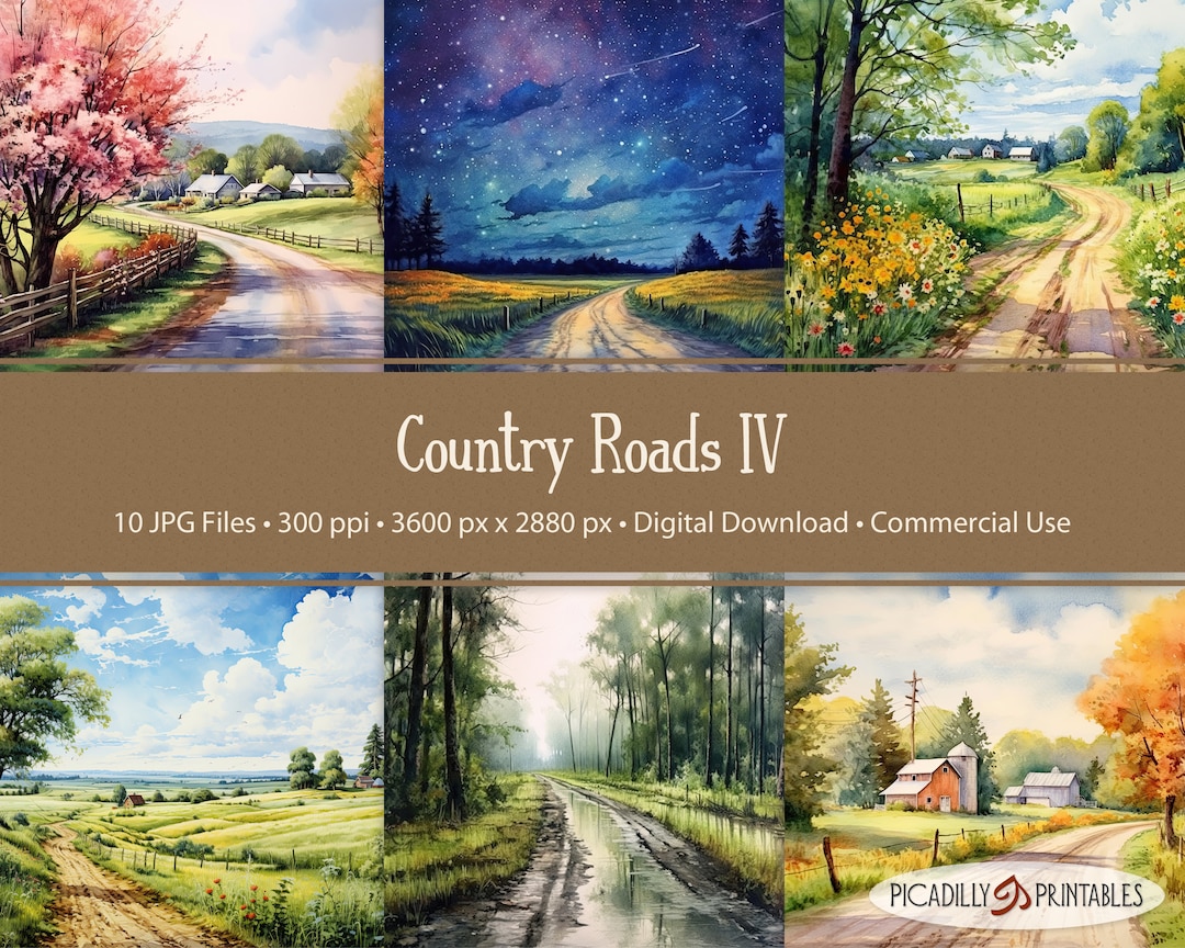 Country Roads 4 - Watercolor Dirt Road Backgrounds for Scrapbooking, Journals, Collages - 10 JPG ...