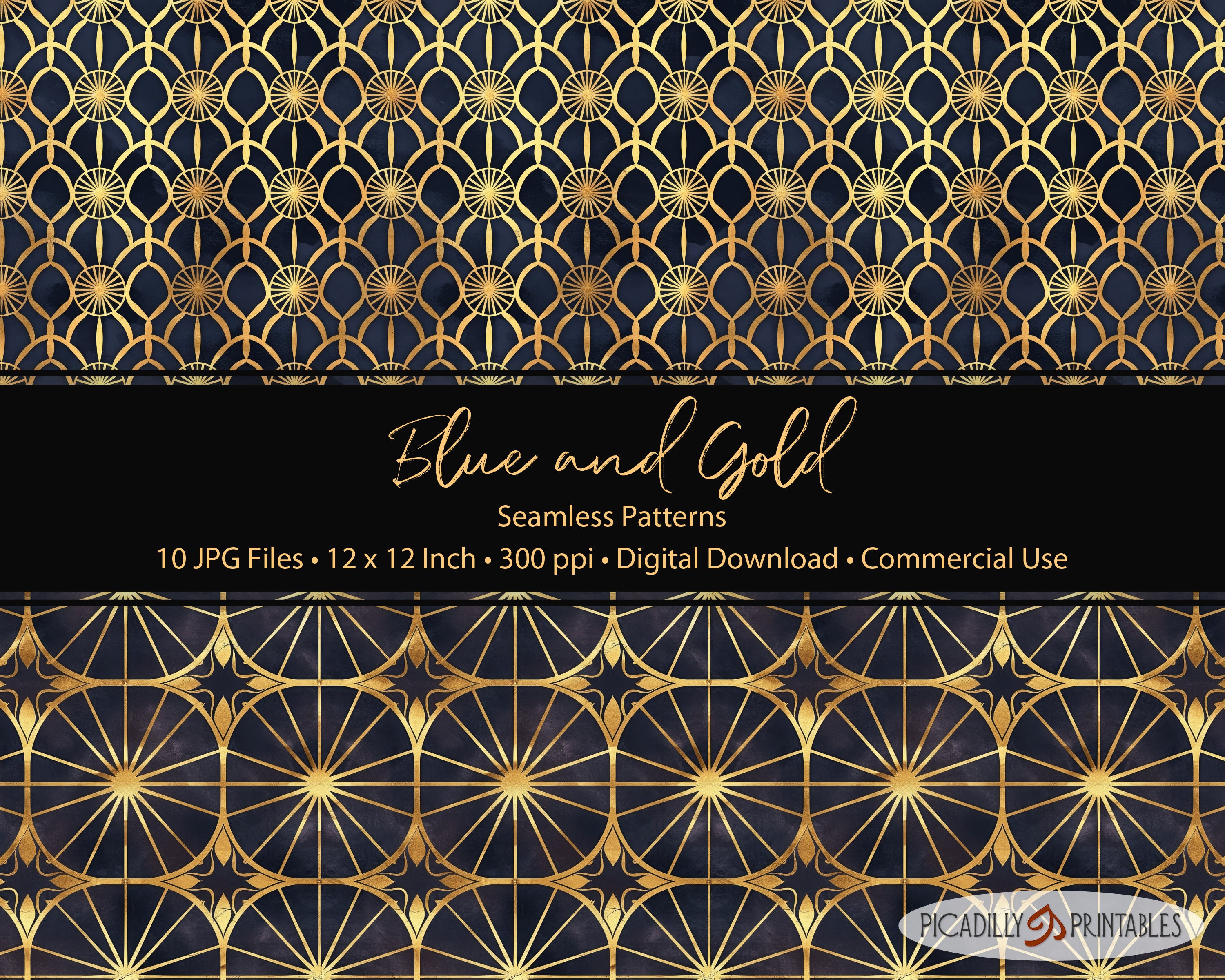 Navy Blue & Gold Seamless Patterns Japanese Inspired Background Patterns 10 JPG Files 300 PPI ...