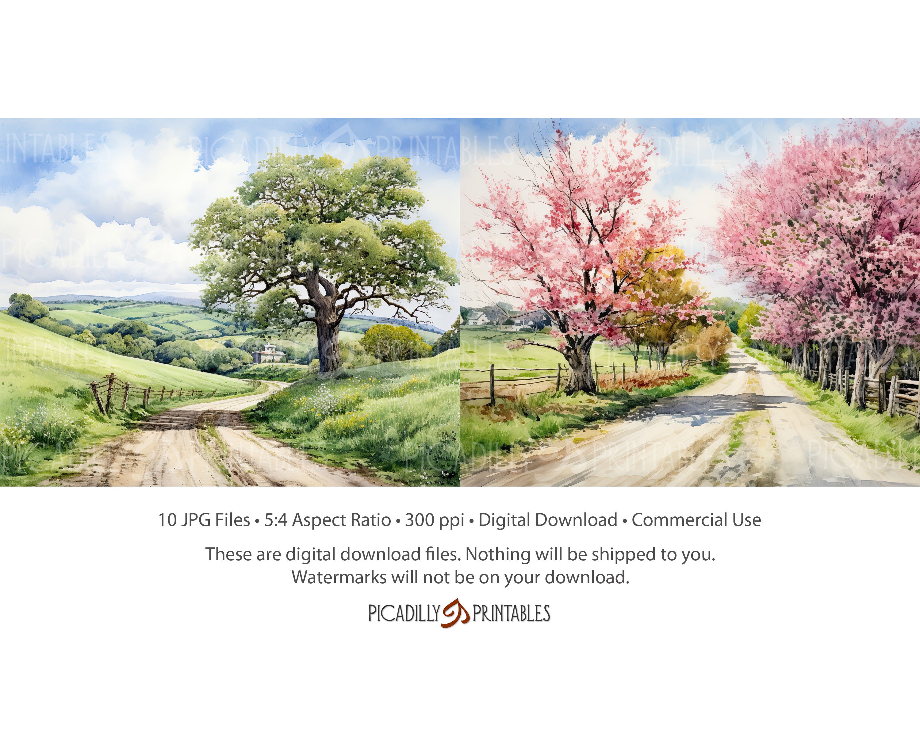 Country Roads 2 - Watercolor Dirt Road Backgrounds for Scrapbooking, Journals, Collages - 10 JPG ...