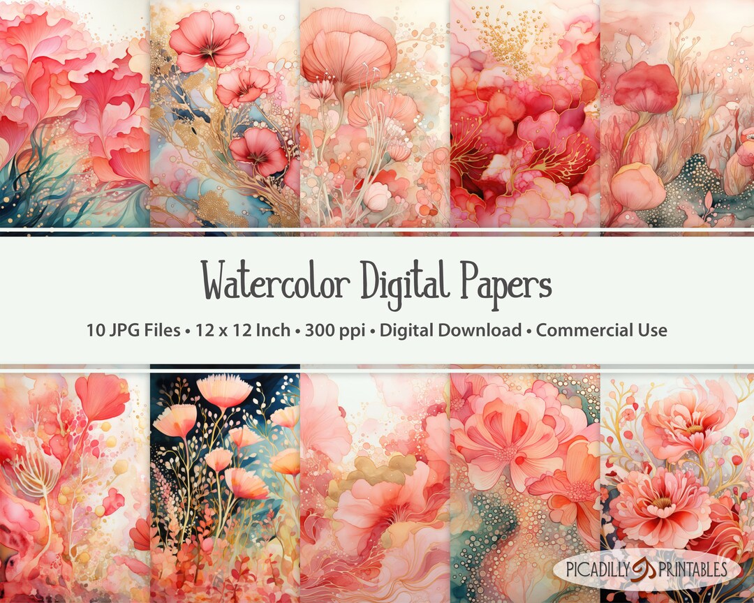 Coral Digital Papers - Watercolor Backgrounds for Scrapbooking, Card ...