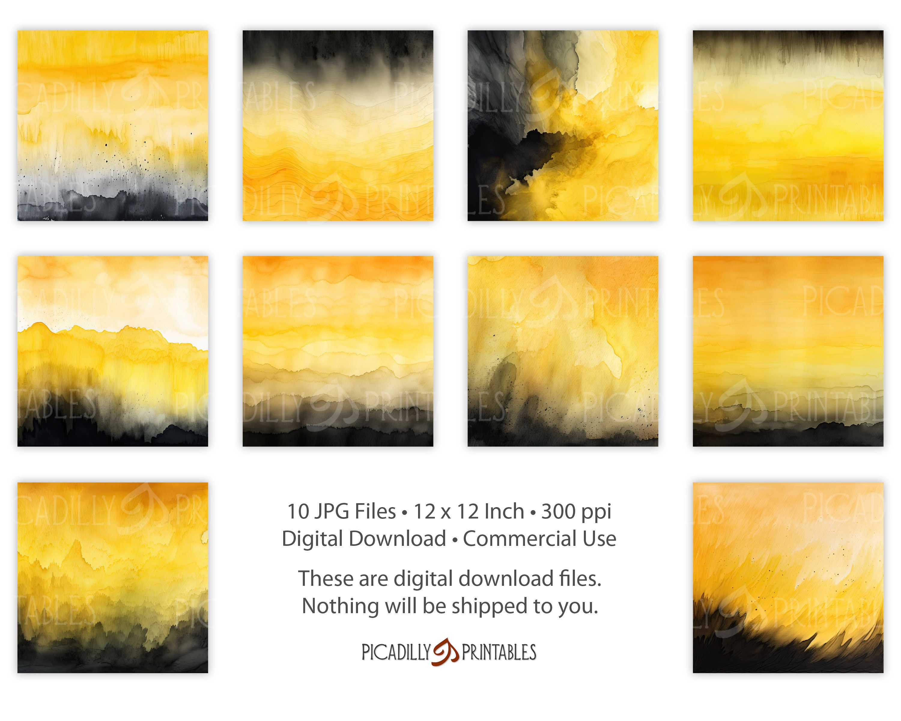 Yellow & Black Gradient Watercolor Digital Papers Backgrounds - 10 JPG ...