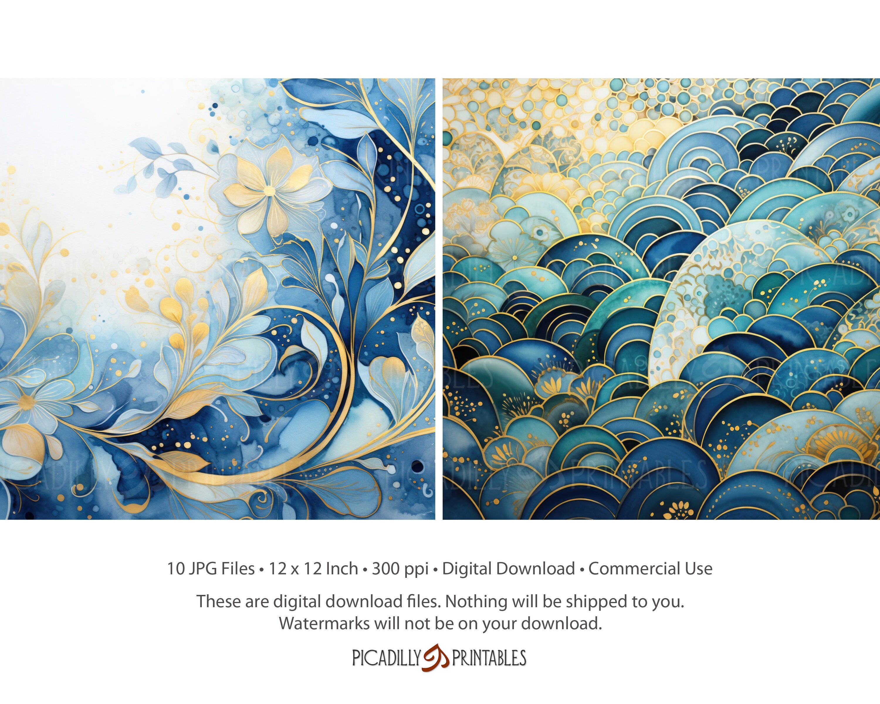 Blue & Gold Digital Papers Backgrounds for Scrapbooking, Card Making 10 ...