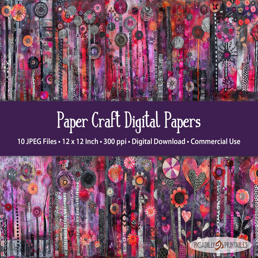 Paper Craft Collage Digital Papers - 10 JPEG Files - Purple, Red, Black ...