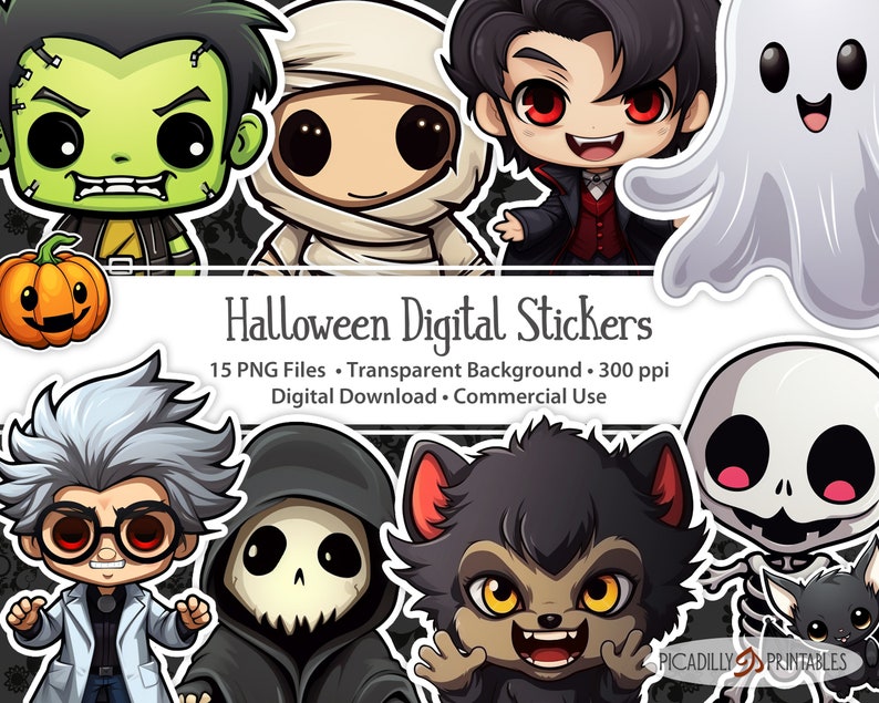 Chibi Halloween Themed Digital Stickers 15 PNG Files With Transparent ...
