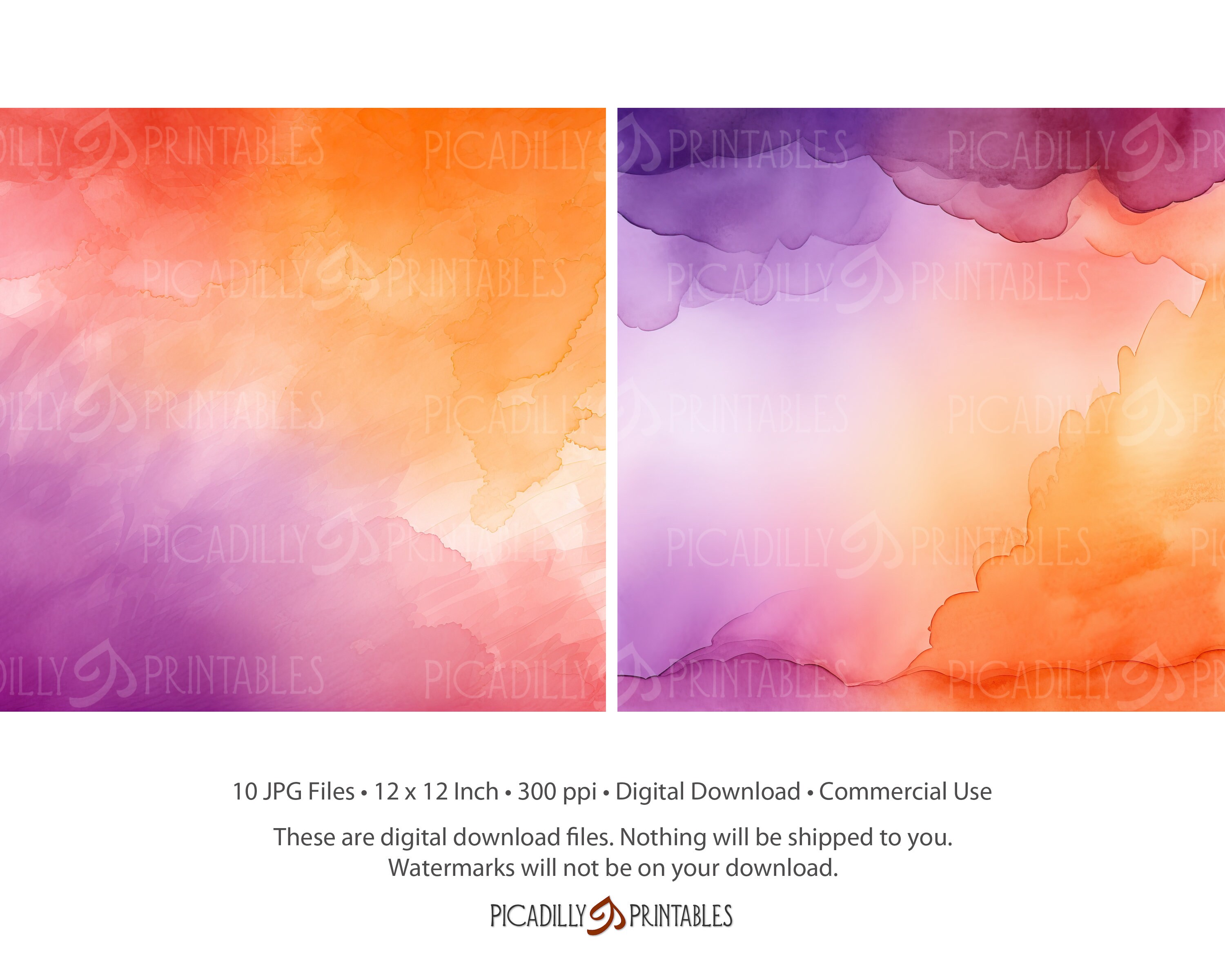 Purple & Orange Gradient Watercolor Digital Papers Backgrounds - 10 JPG ...