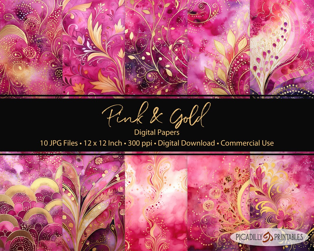 Pink & Gold Digital Papers Backgrounds for Scrapbooking, Card Making 10 ...