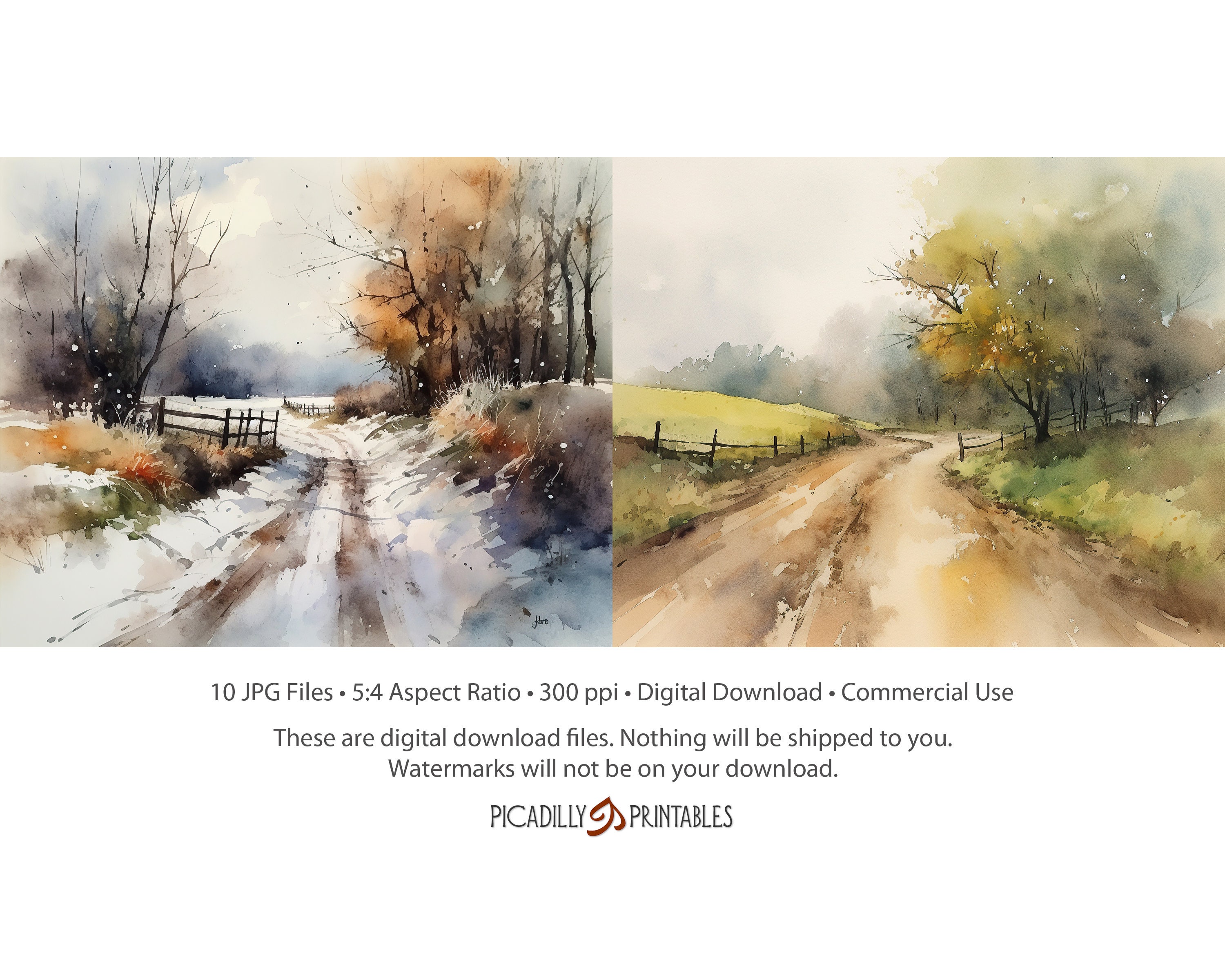 Country Roads Watercolor Dirt Road Backgrounds for Scrapbooking, Journals, Collages 10 JPG ...