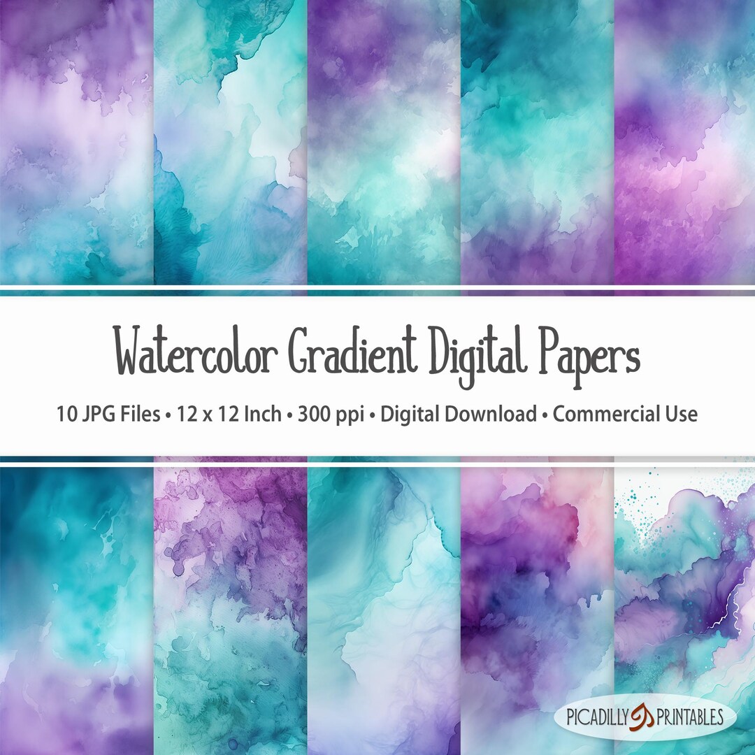 Watercolor Style Digital Papers - Purple & Teal Blue Green Gradient ...