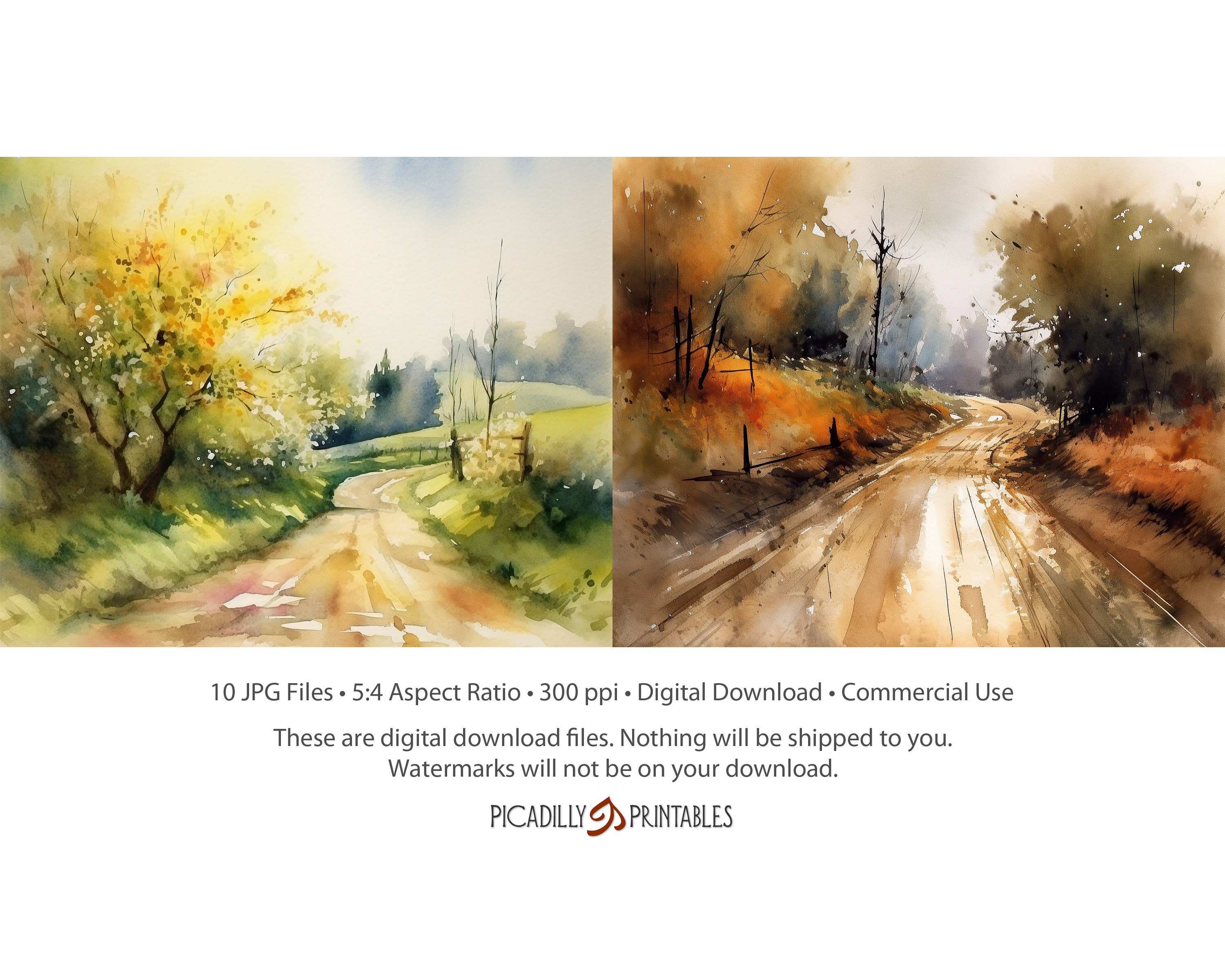 Country Roads Watercolor Dirt Road Backgrounds for Scrapbooking, Journals, Collages 10 JPG ...