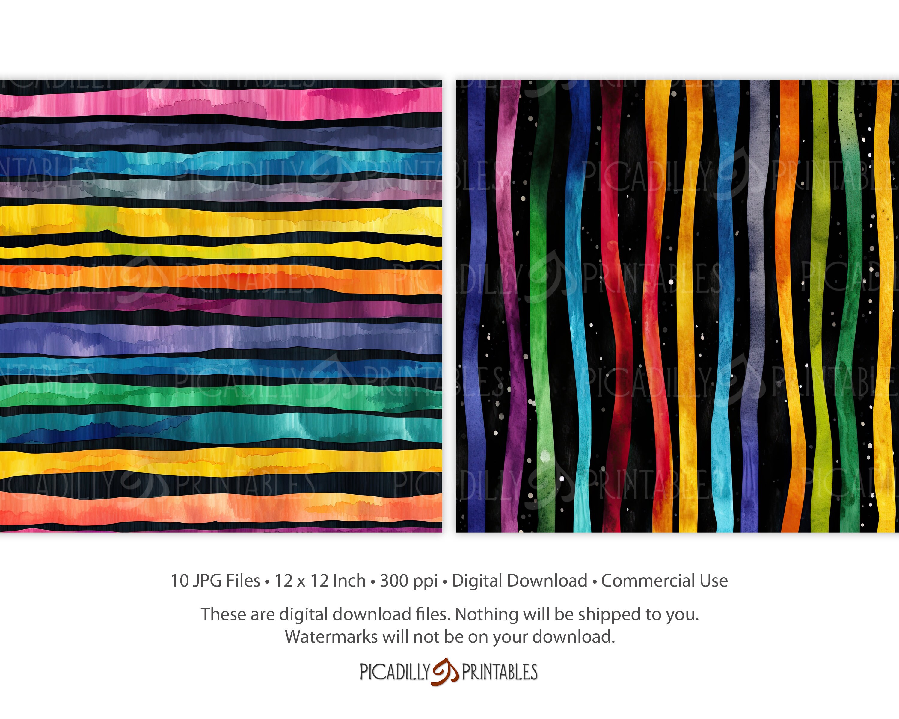 Rainbow Striped Digital Papers - Watercolor Background Images - 10 JPG ...