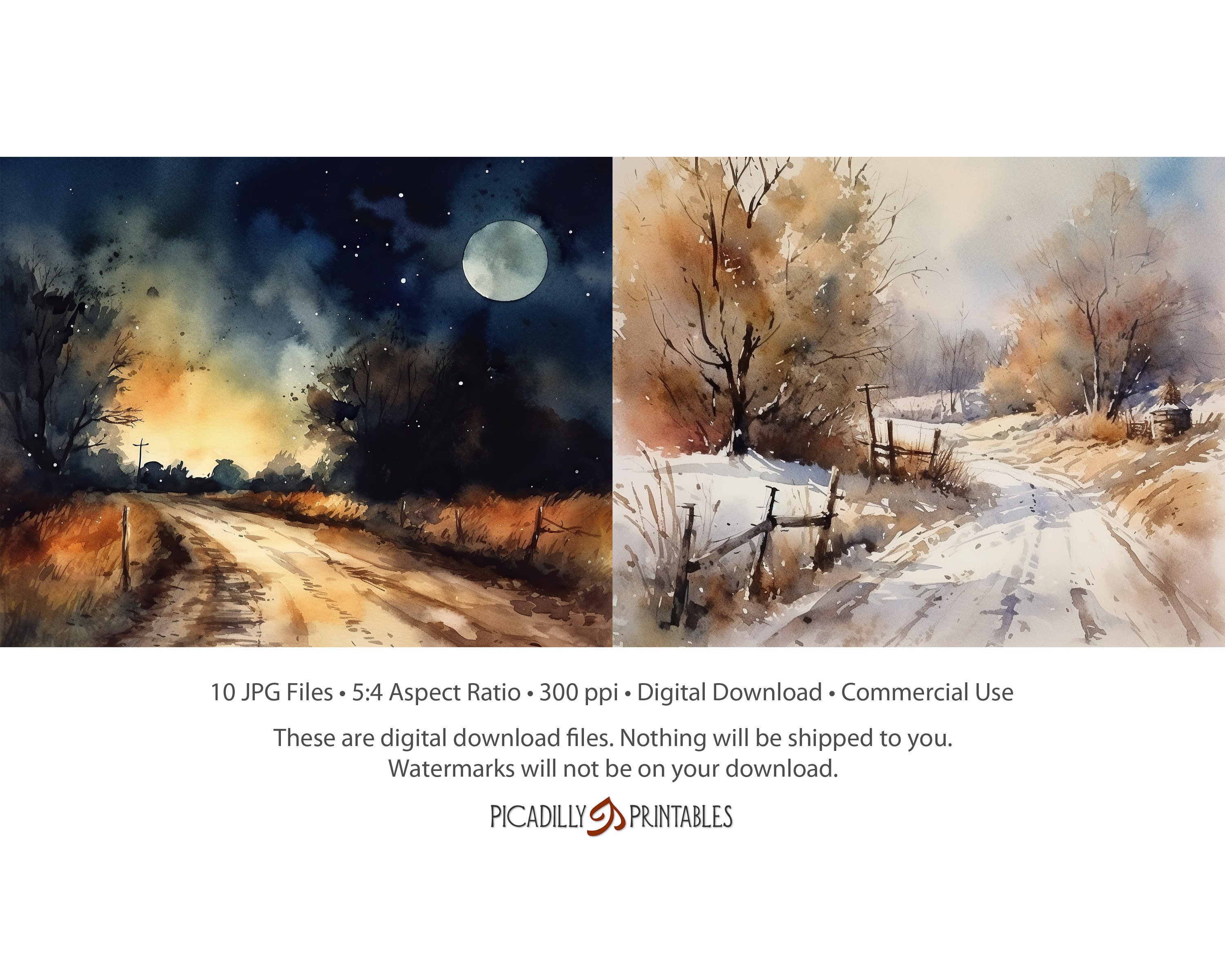 Country Roads Watercolor Dirt Road Backgrounds for Scrapbooking, Journals, Collages 10 JPG ...