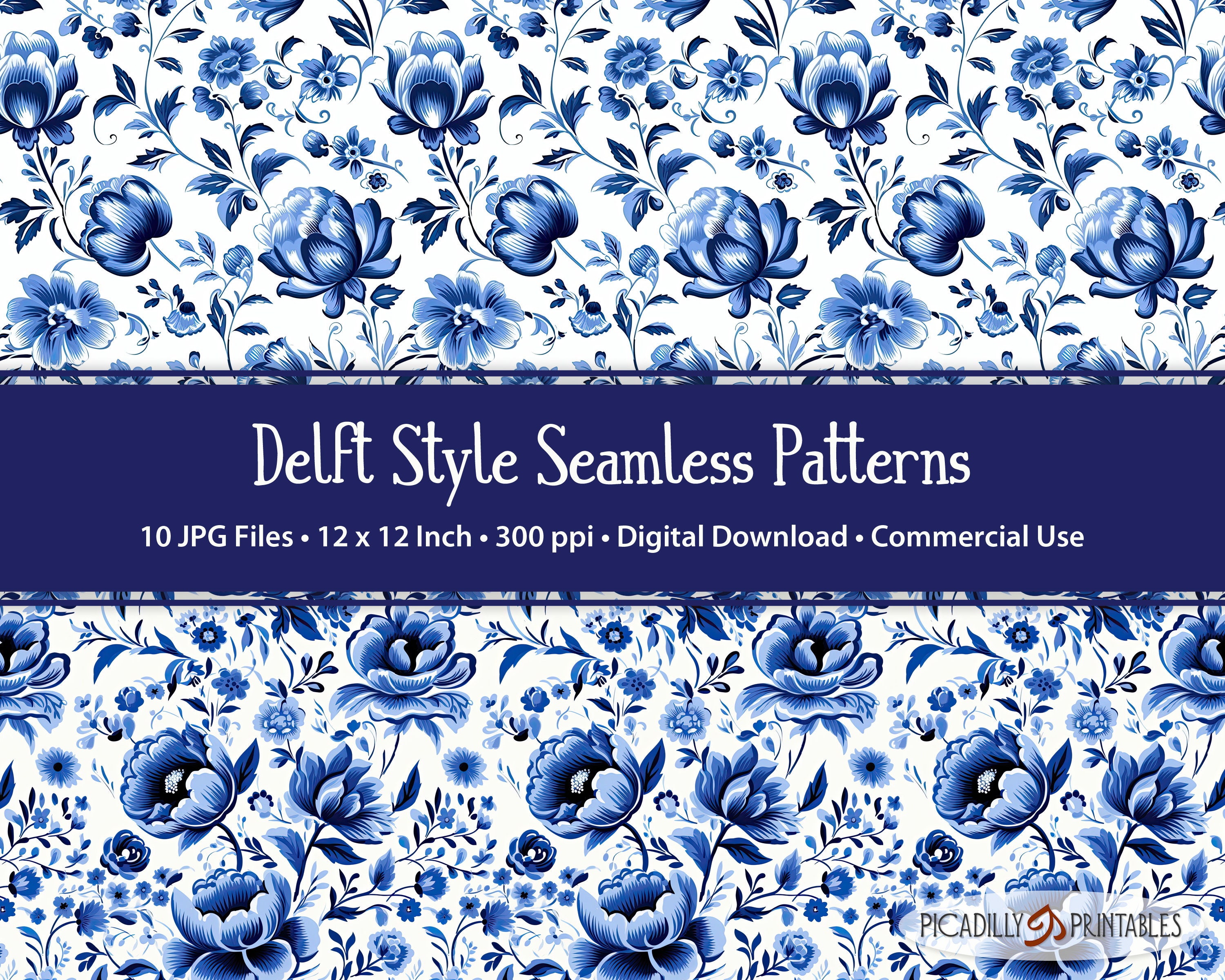 Delft Style Floral Seamless Patterns - Blue & White Flower Backgrounds ...