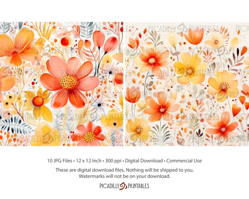 Red Yellow and Orange Floral Backgrounds Watercolor Digital Papers - 10 ...