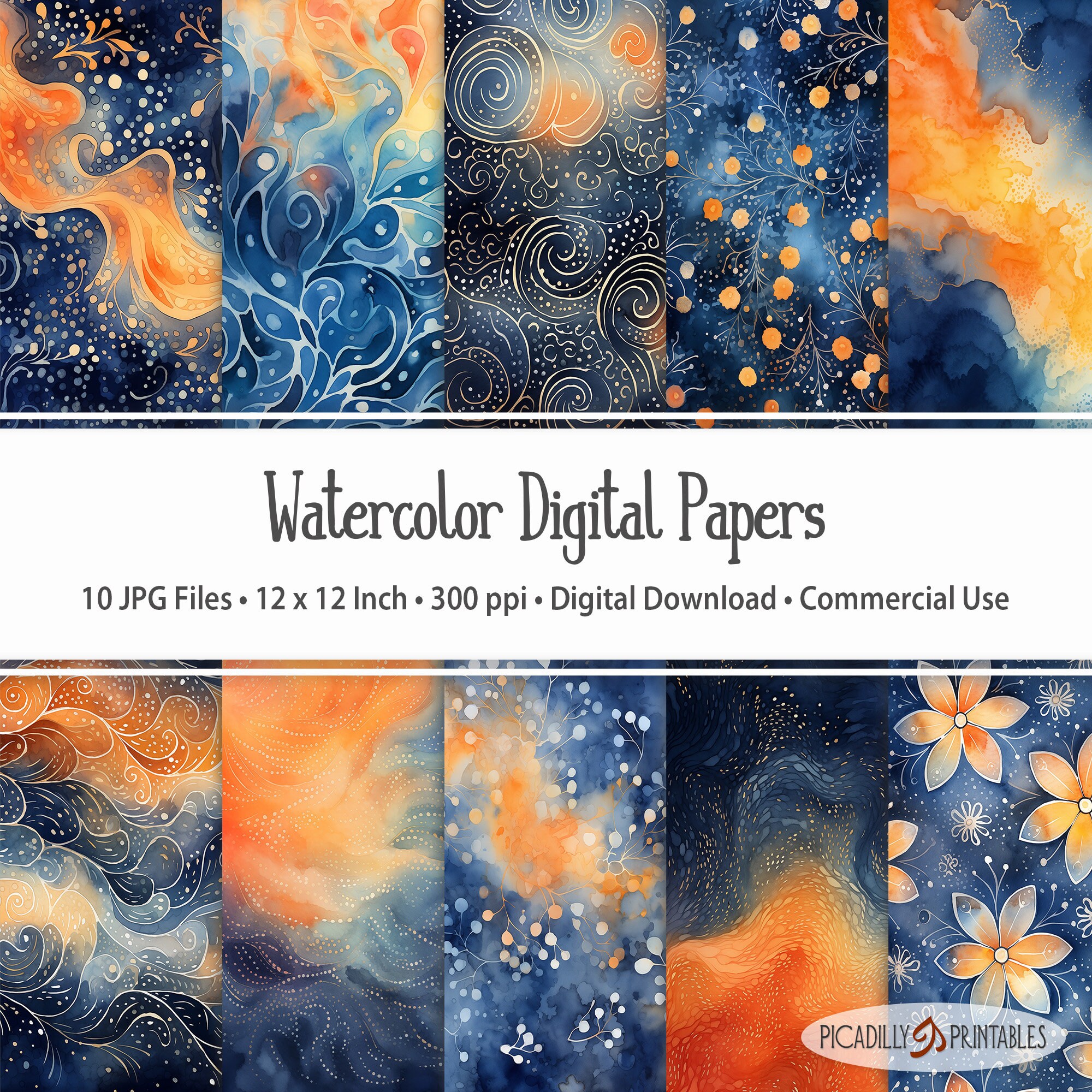 Navy Blue & Orange Digital Papers - Watercolor Backgrounds - 10 JPG ...
